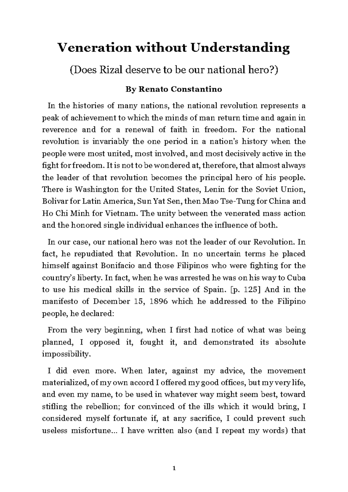 Veneration without Understanding (Renato Constantino) - Veneration ...