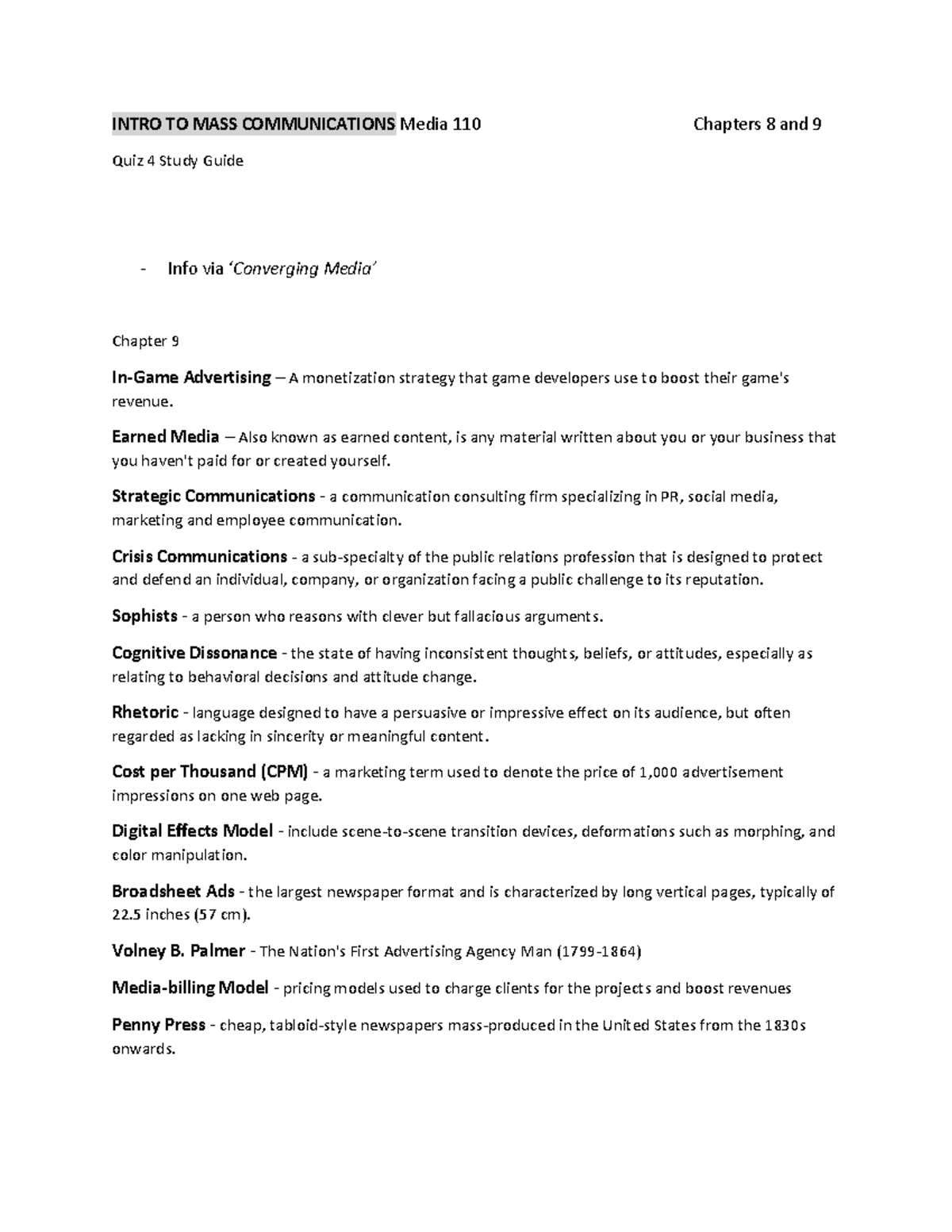 MEDIA 110 - Quiz 4 Ch8-9 Study Guide - INTRO TO MASS COMMUNICATIONS ...