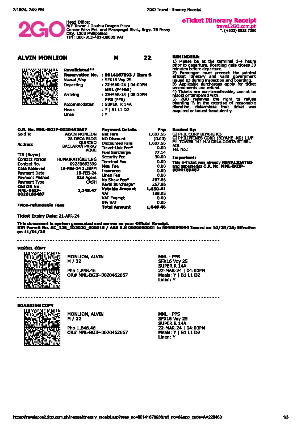 Chapter 2- Field - 2:00 PM 2GO Travel Itinerary Receipt Head Office ...