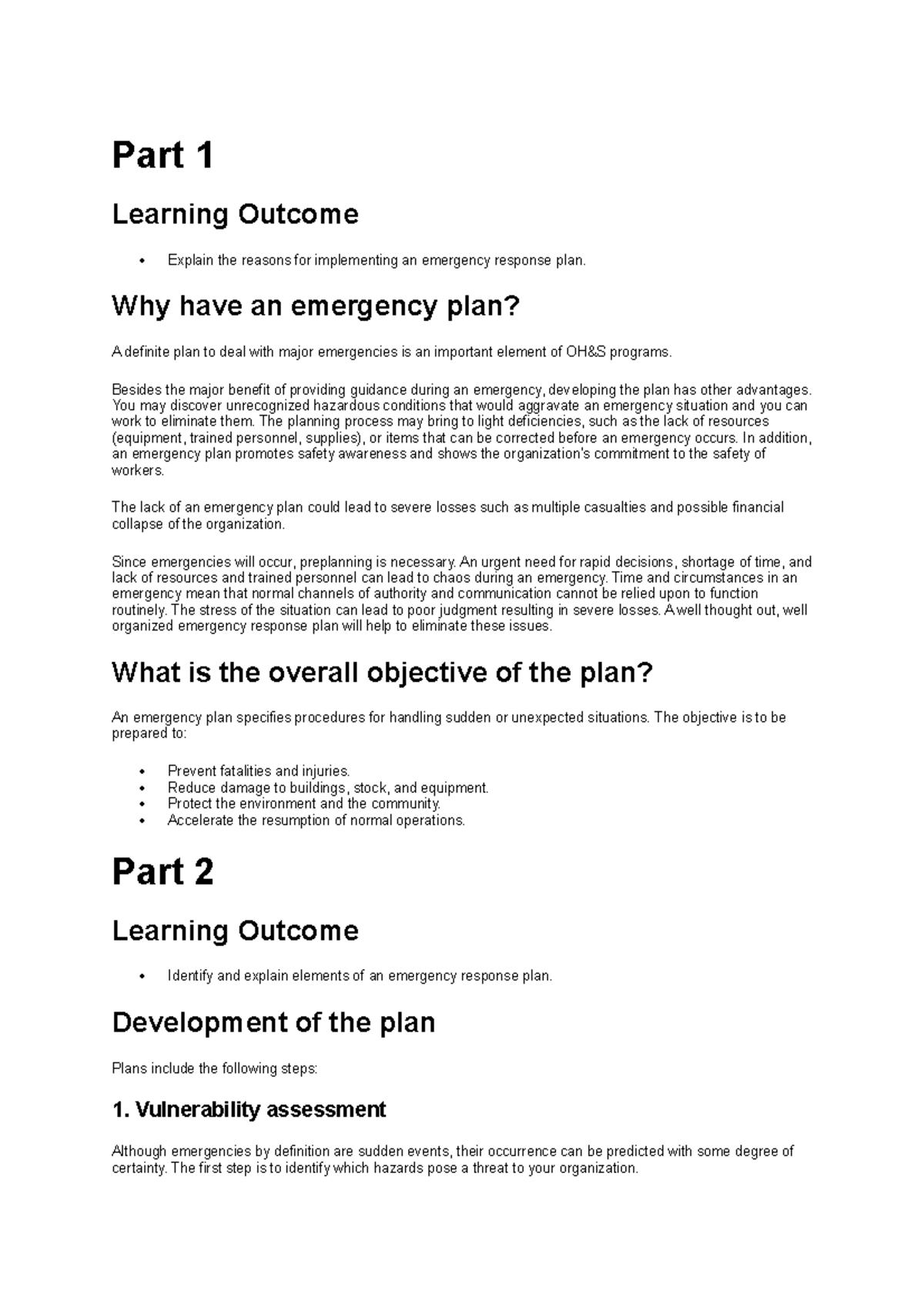 Emergency Planning OHS - Part 1 Learning Outcome Explain the reasons ...