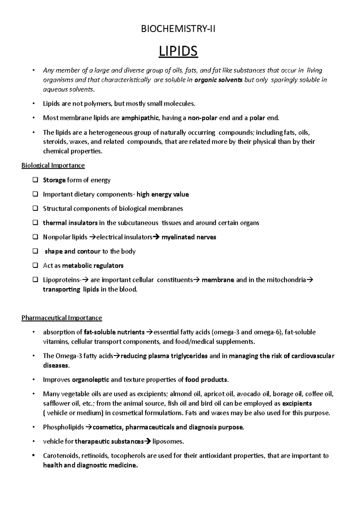 Biochemistry II lipids - BIOCHEMISTRY-II LIPIDS Any member of a large ...