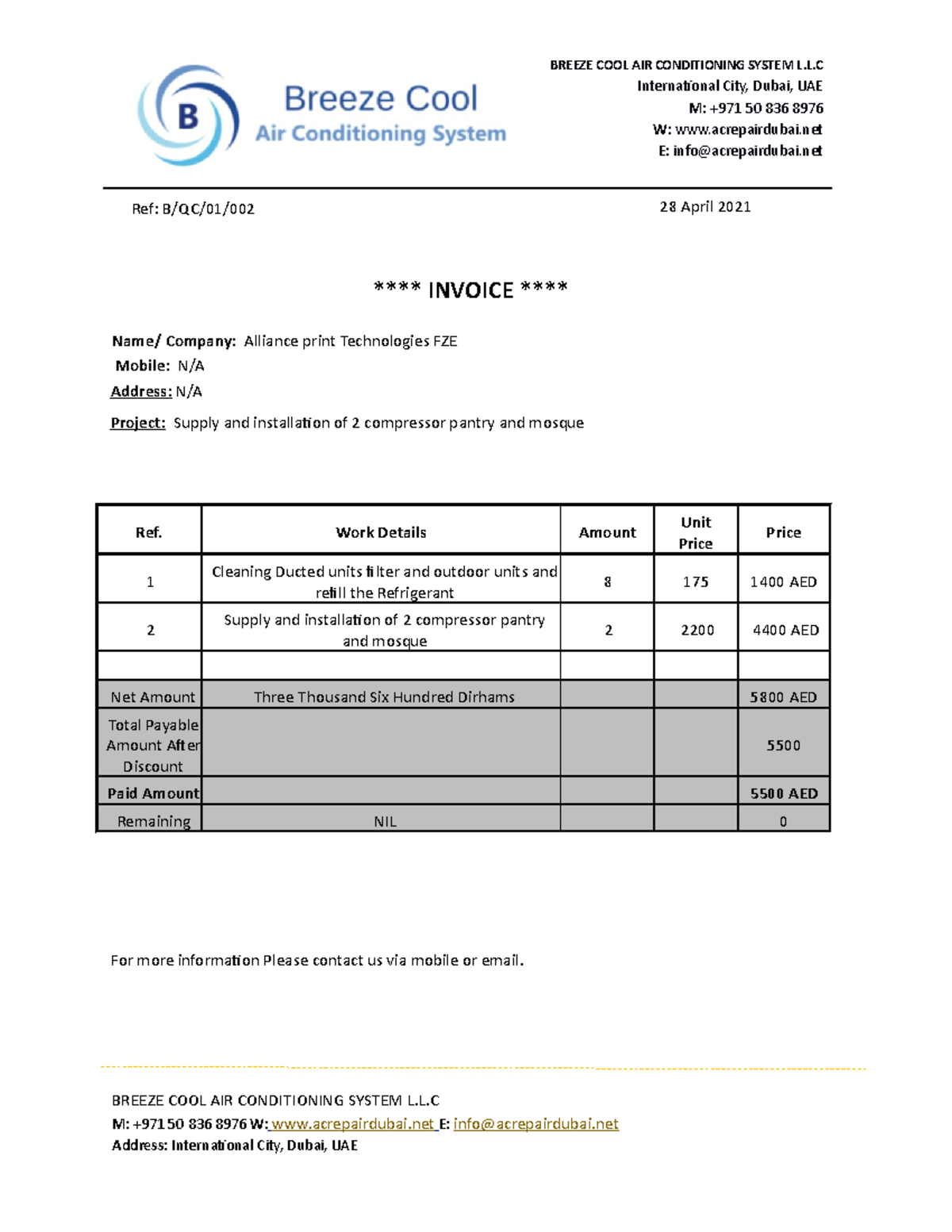 Alliance print Technologies FZE invoice - BREEZE COOL AIR CONDITIONING ...