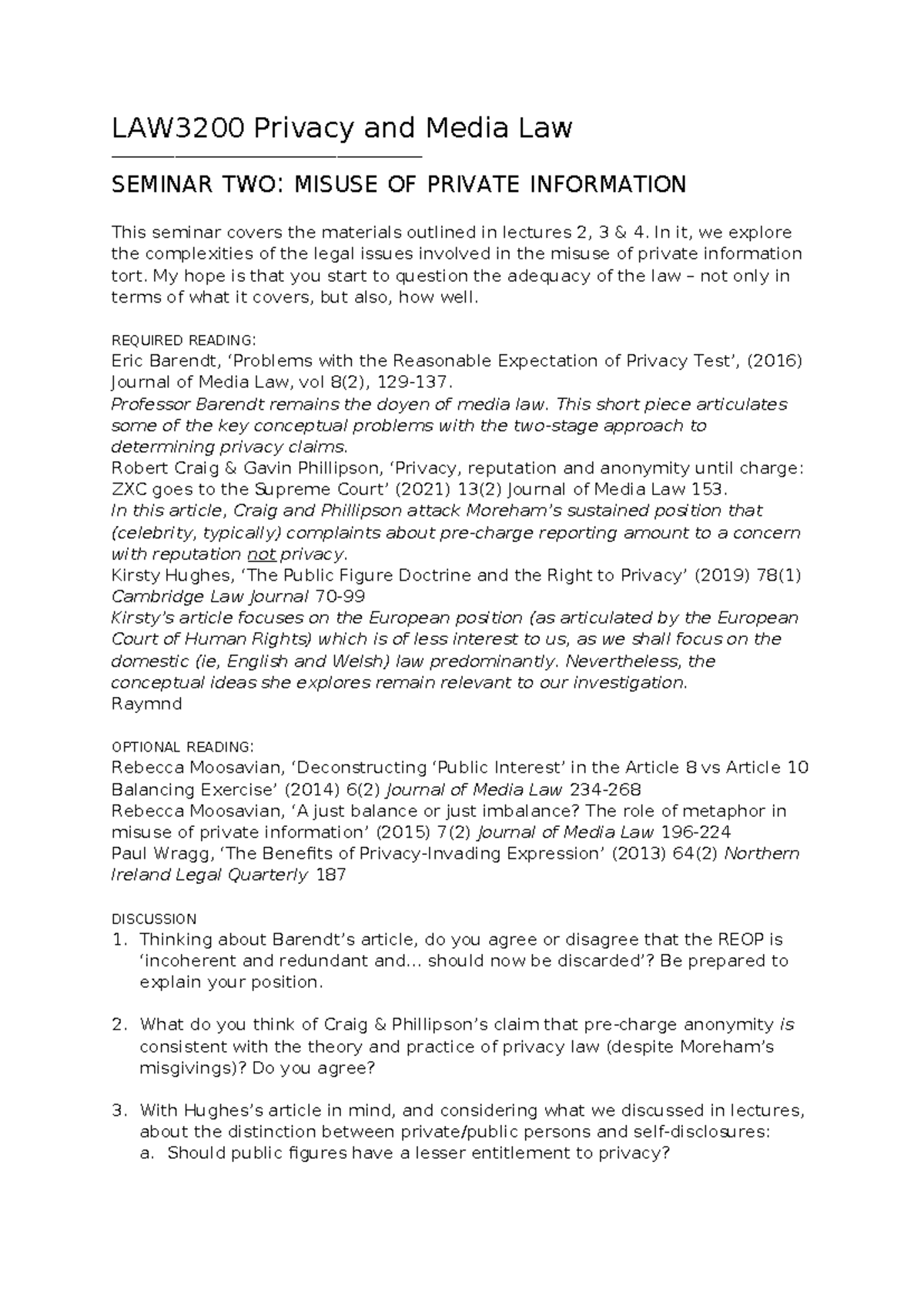 Seminar 2 - Privacy and Media - Misuse of Private Information - LAW3200 ...