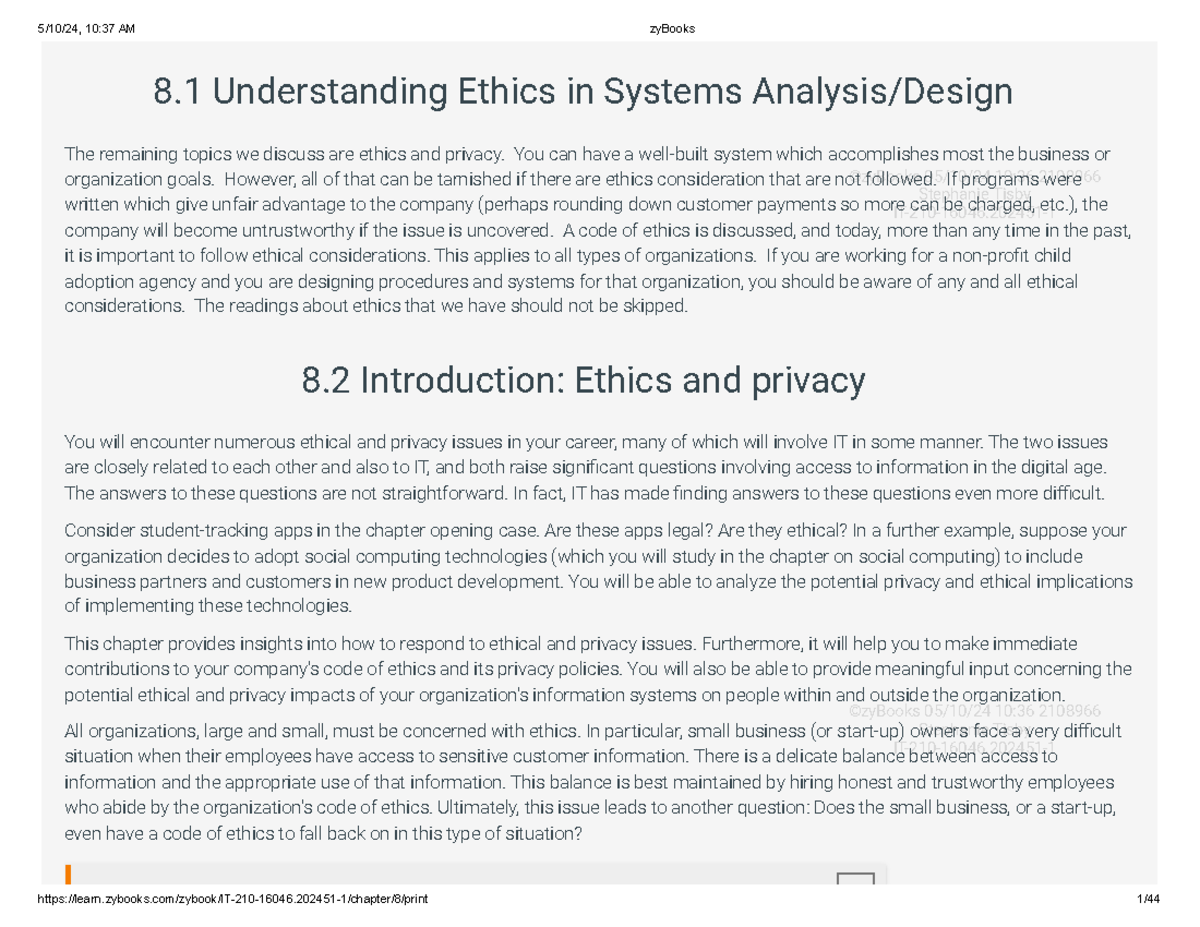 Chapter Eight - 8 Understanding Ethics in Systems Analysis/Design The ...