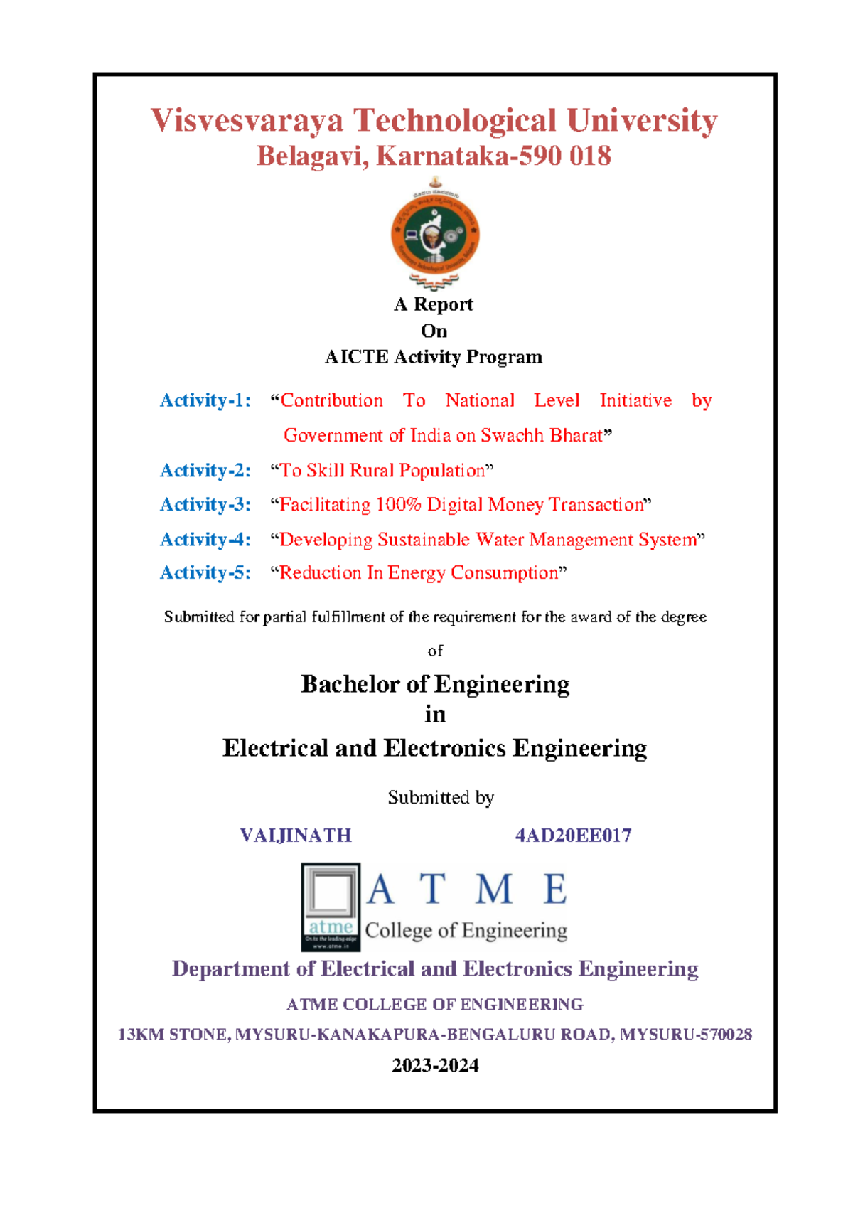 Aicte Activity Report final - Visvesvaraya Technological University ...