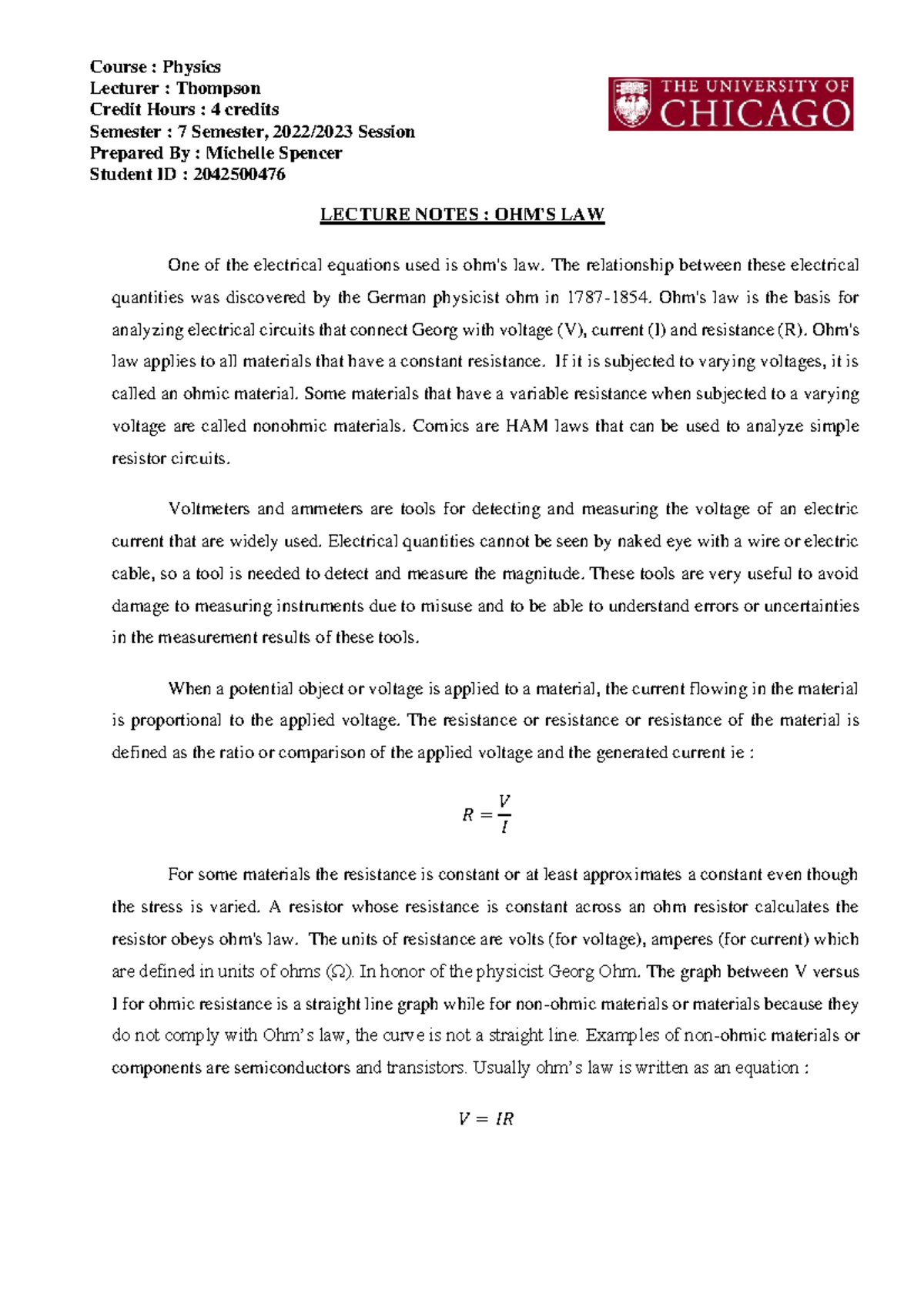 Lecturer Notes Ohm's law Physics - Course : Physics Lecturer : Thompson ...