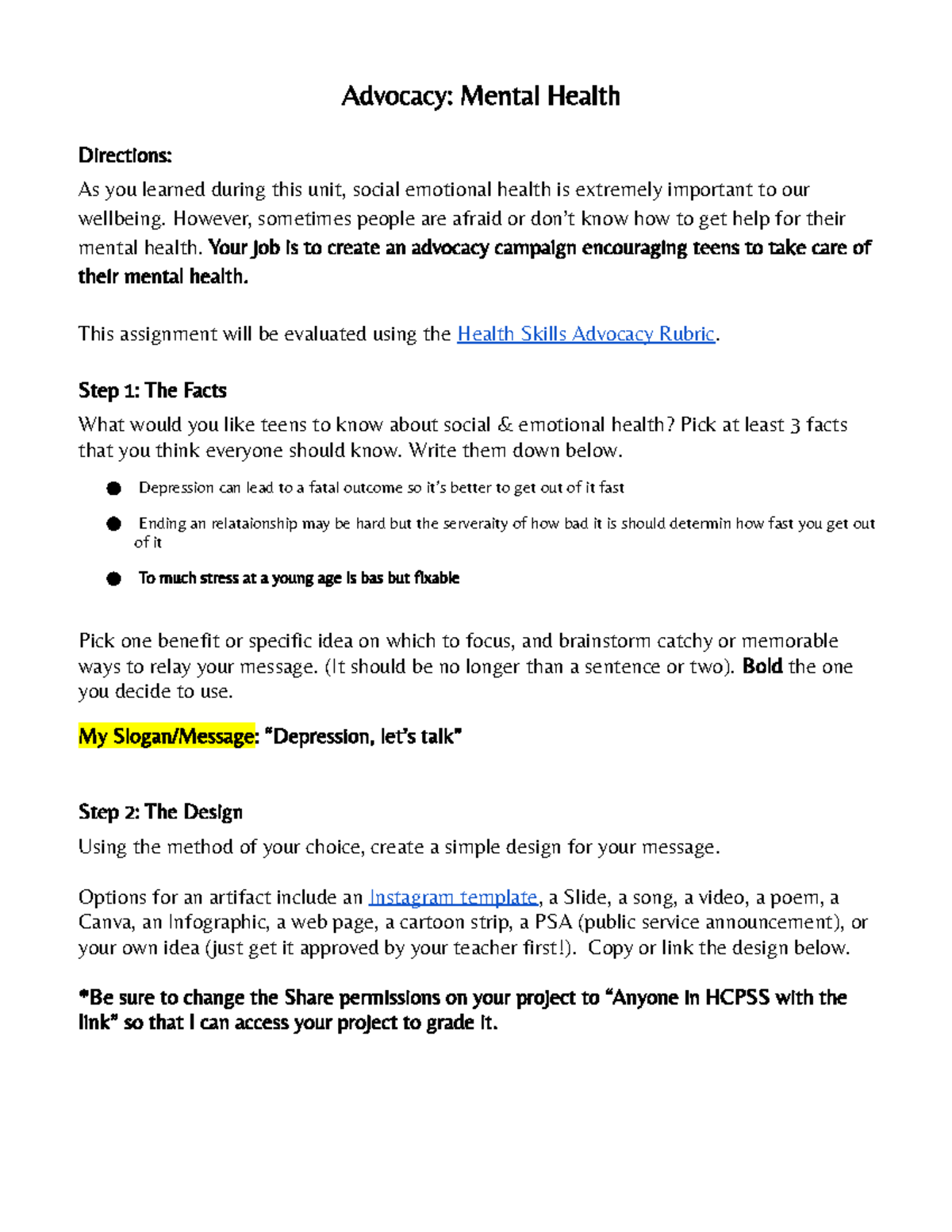 DJ8- Advocacy Mental Health - Advocacy: Mental Health Directions: As ...