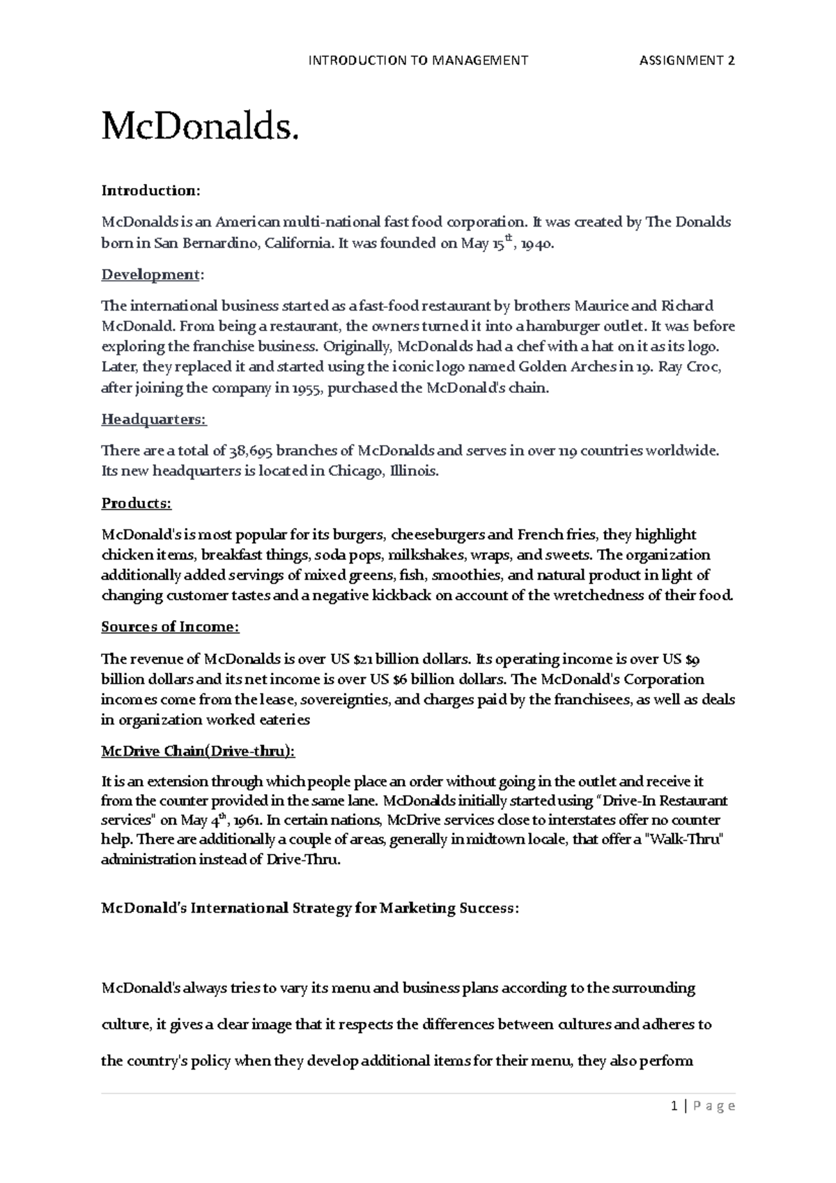 Mc Donalds (ITM assign) - INTRODUCTION TO MANAGEMENT ASSIGNMENT 2 ...