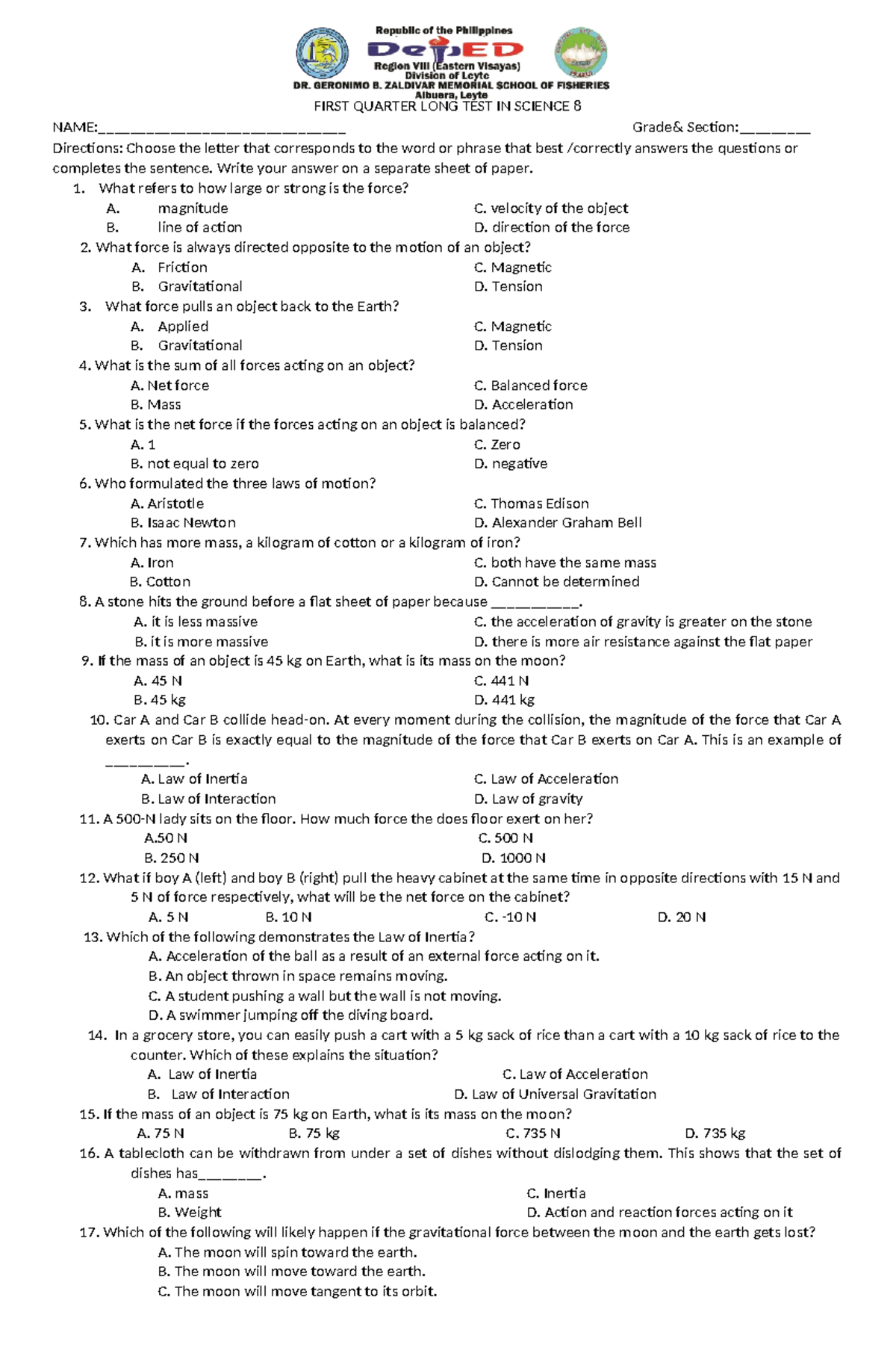 First Quarter LONG TEST IN Science 8 - FIRST QUARTER LONG TEST IN ...