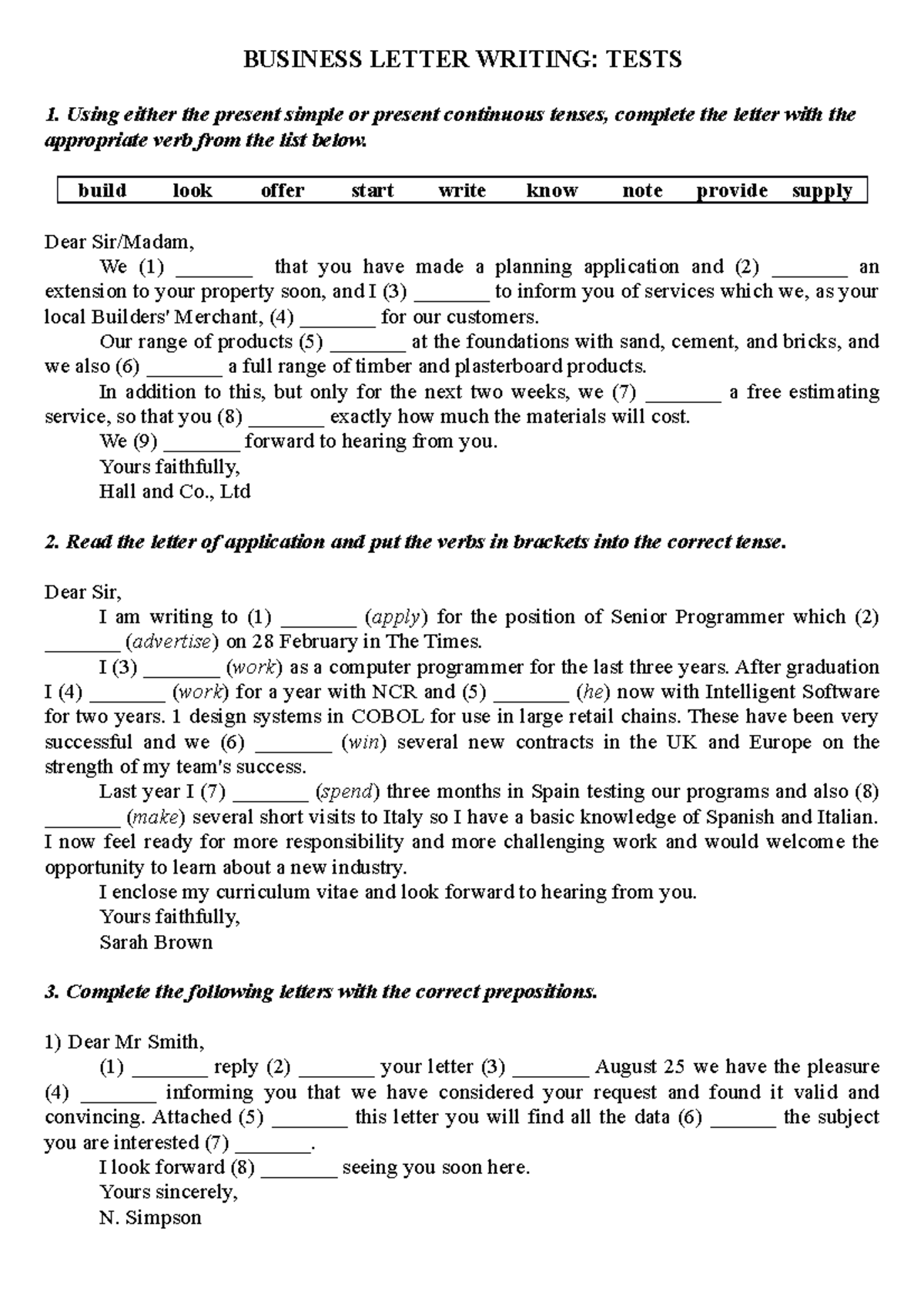 Business Letter Writing - BUSINESS LETTER WRITING: TESTS Using either ...