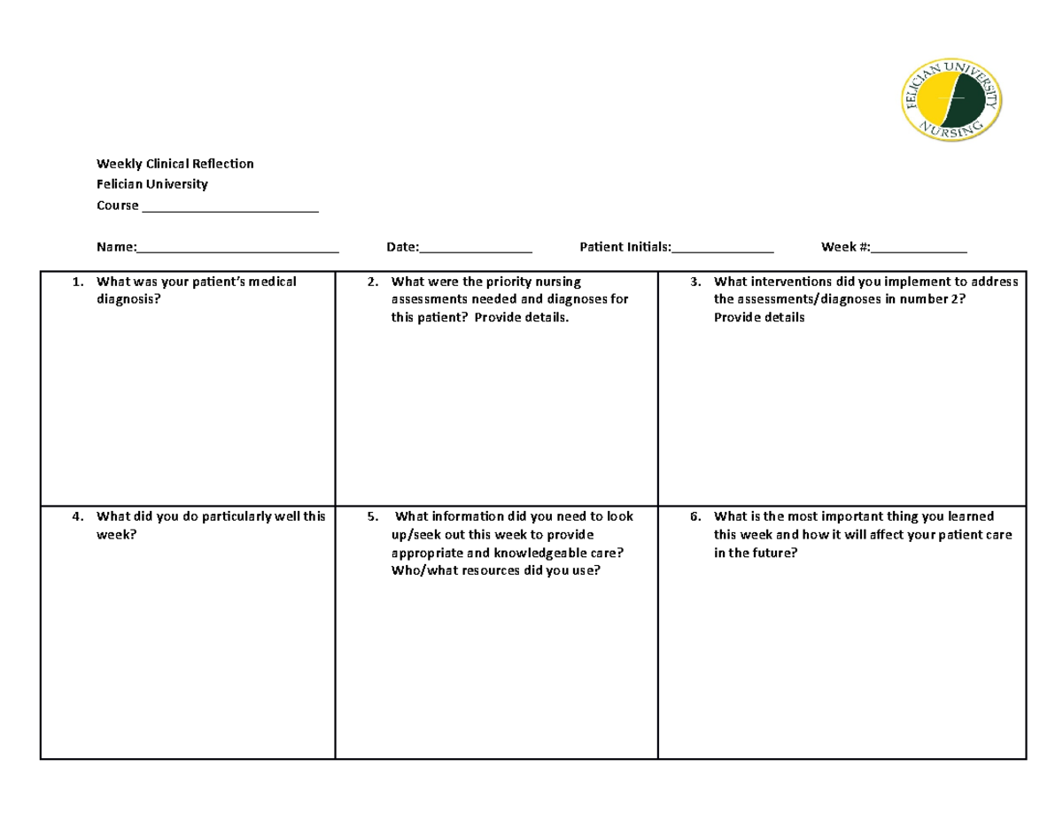 Clinical Weekly Reflection Template - Weekly Clinical Reflection ...