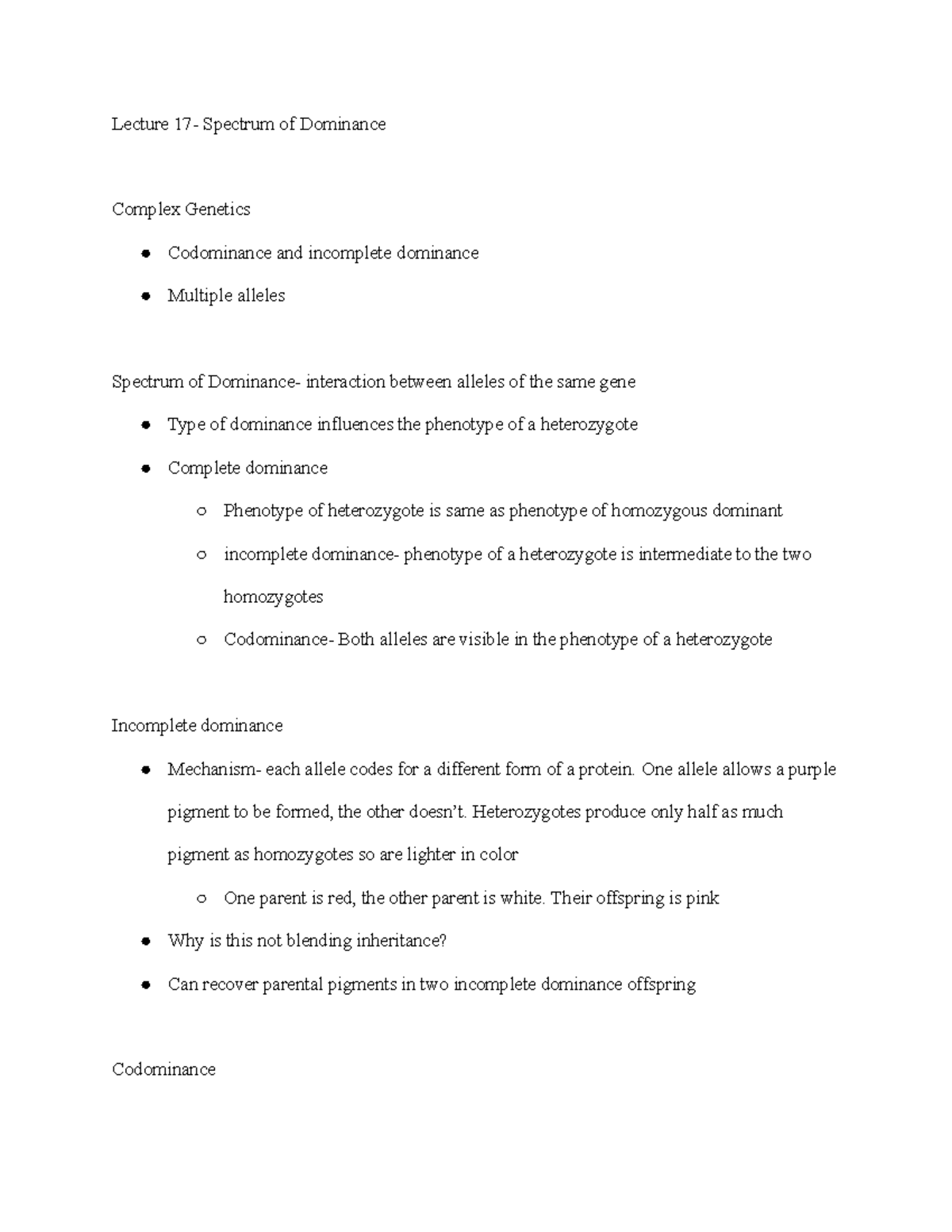 Lecture 17- Spectrum of Dominance - Lecture 17- Spectrum of Dominance Complex Genetics ...