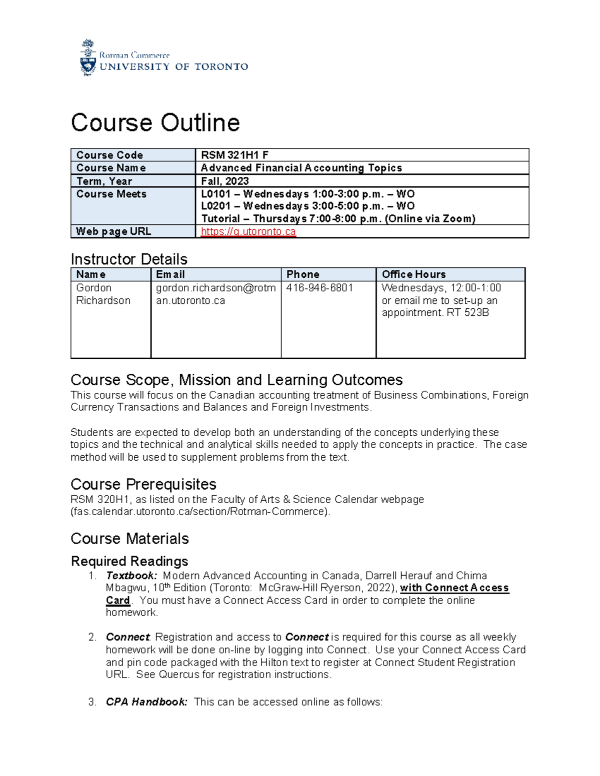 Rsm321h1f 20239 R2023 08 23 - Course Outline Course Code RSM 321H1 F ...