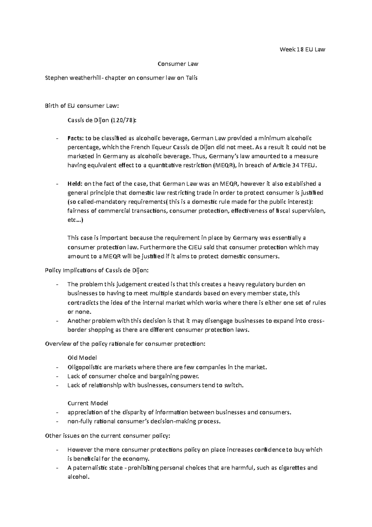 Lecture 3 Consumer Law EU - Week 18 EU Law Consumer Law Stephen ...