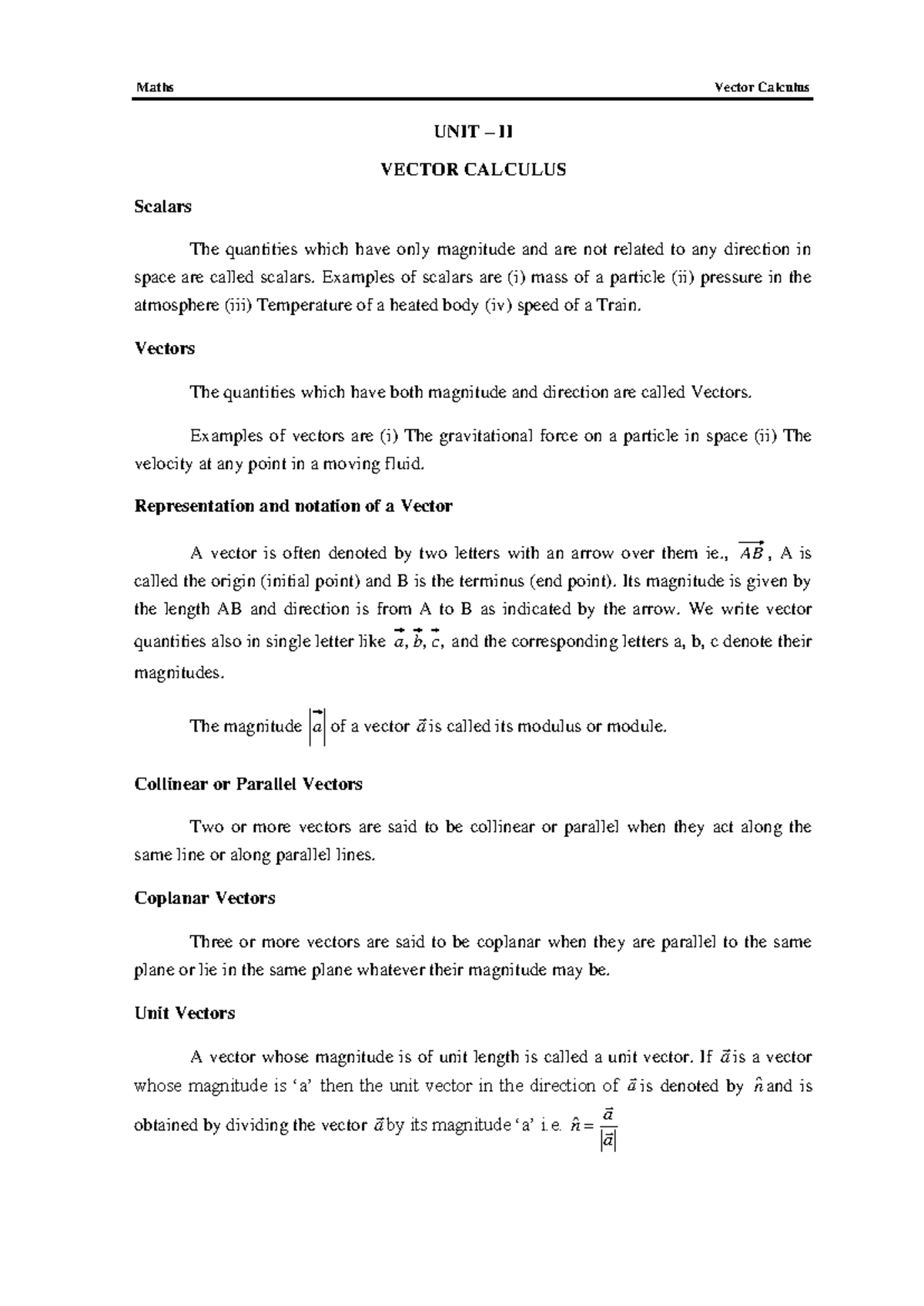 UNIT II Vector Calculus LMS - UNIT – II VECTOR CALCULUS Scalars The ...