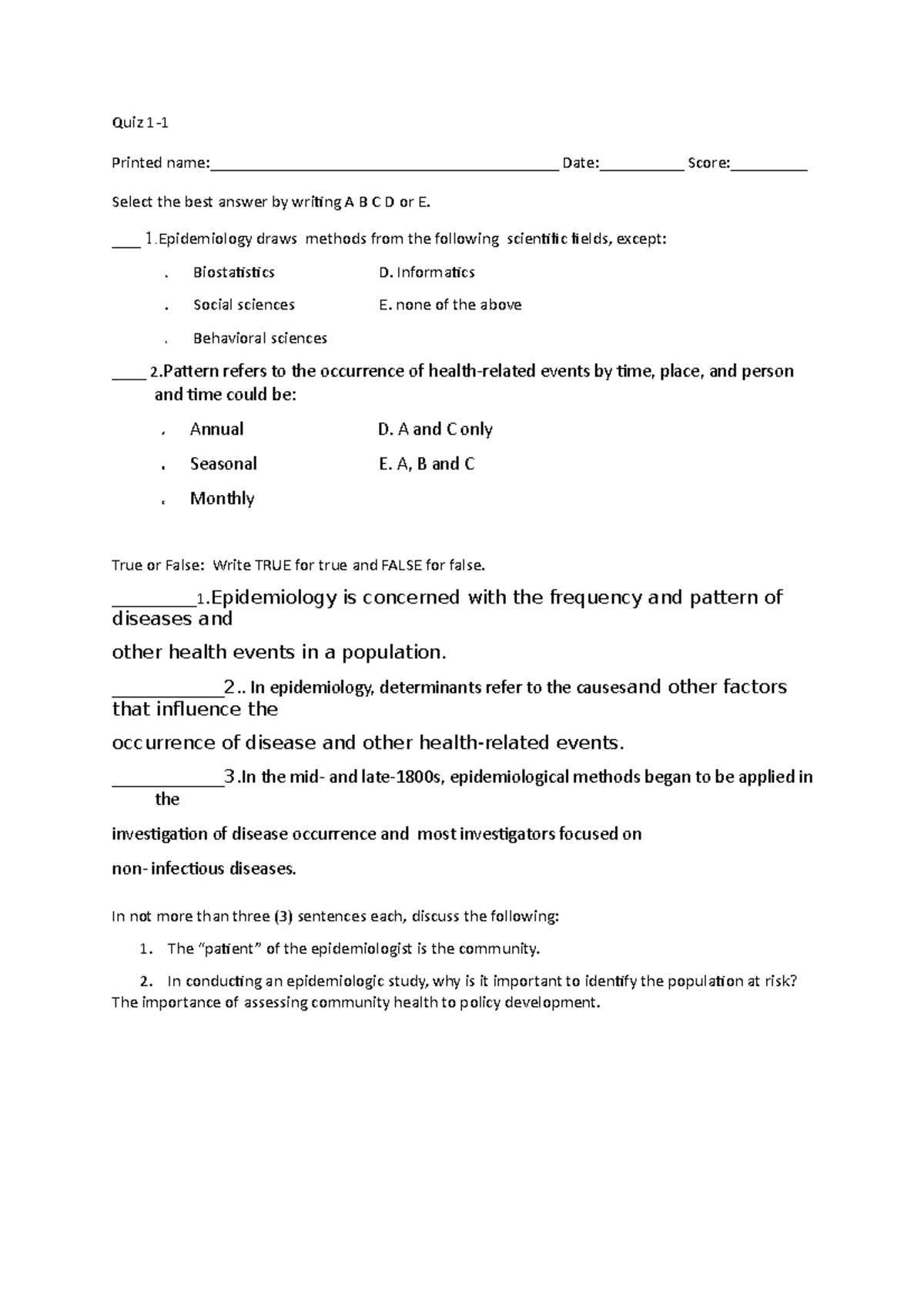 Quiz=2-epidemiology-exam2 - Quiz 1-1 Printed name