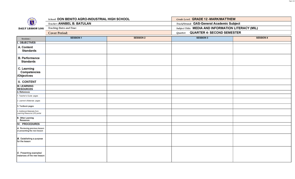 Sample dll - ASSESSMENT - Page 1 of 2 SESSION 1 SESSION 2 SESSION 3 ...