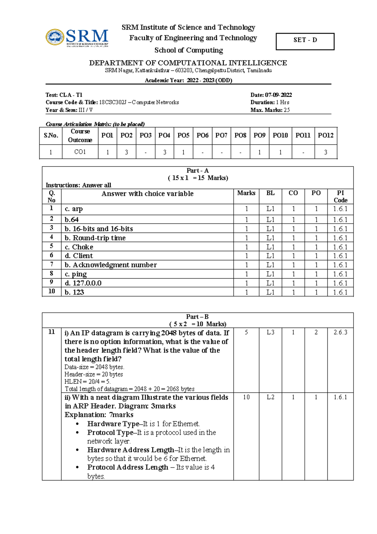 Ct1 Answer Key Setd Ct 1 Srm Computer Network Previous Year Paper Solution Srm Institute Of