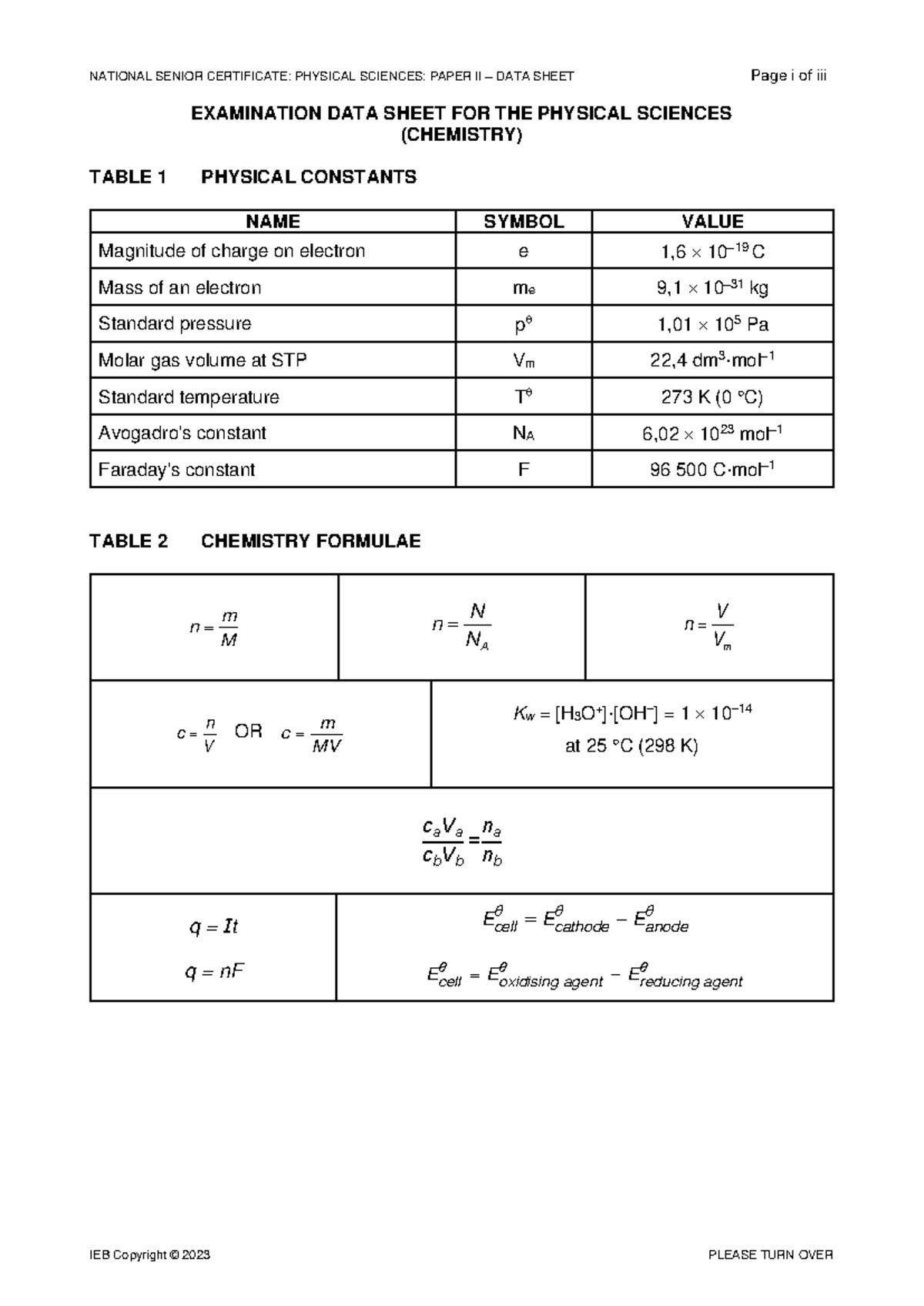 Physical Sciences P2 Data Sheet 2023 - NATIONAL SENIOR CERTIFICATE ...