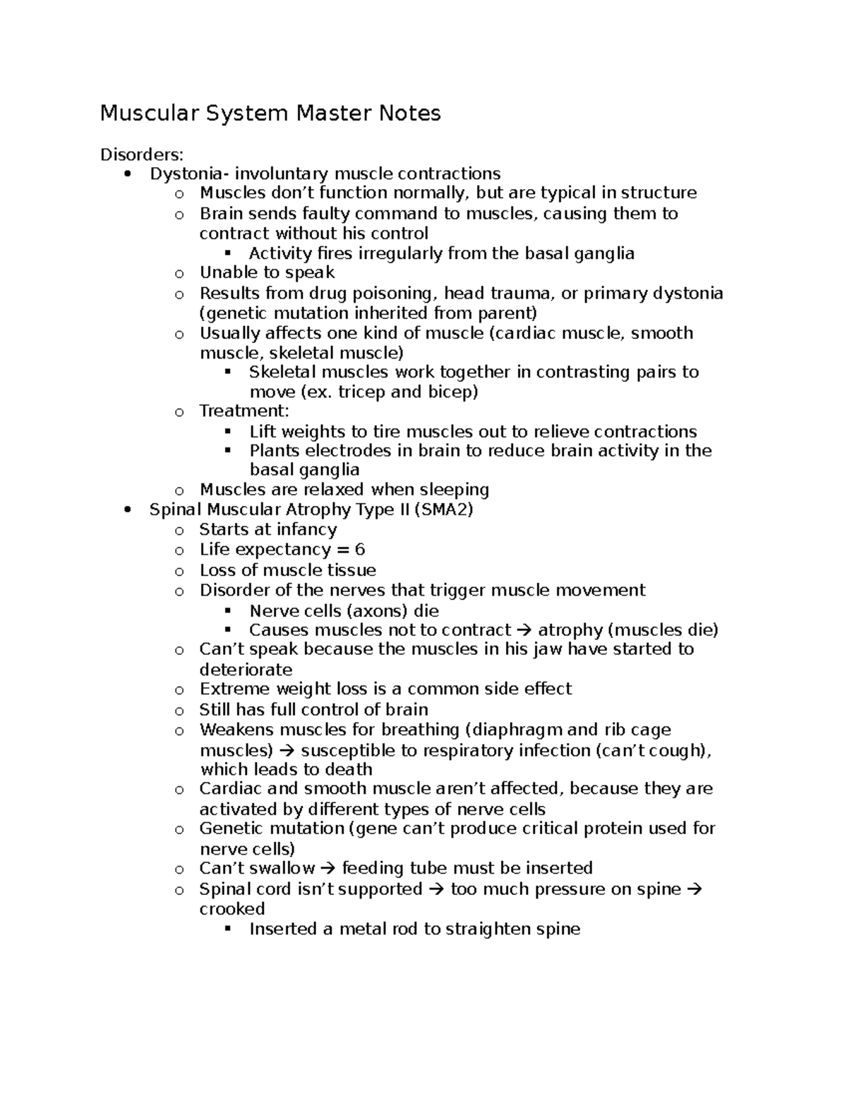 Muscular System Master Notes - Muscular System Master Notes Disorders ...