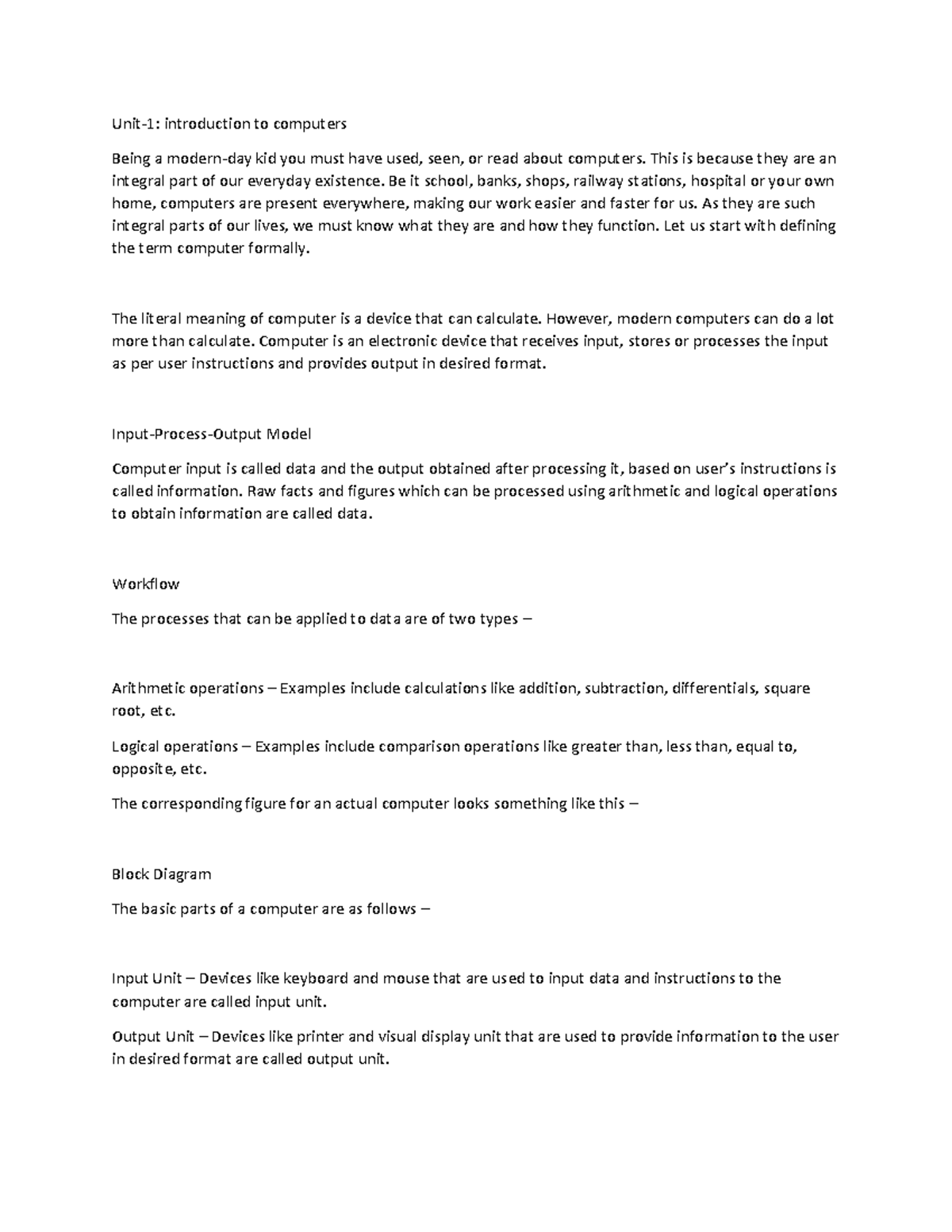 Document - Lecture notes - Unit-1: introduction to computers Being a ...