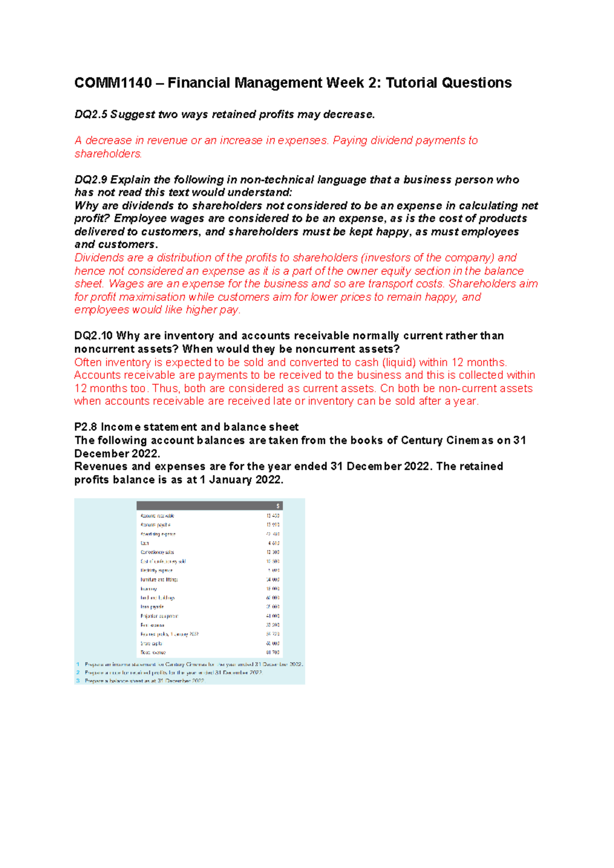 Week 2 tutorial answers - COMM1140 – Financial Management Week 2: Tutorial Questions DQ2 Suggest ...