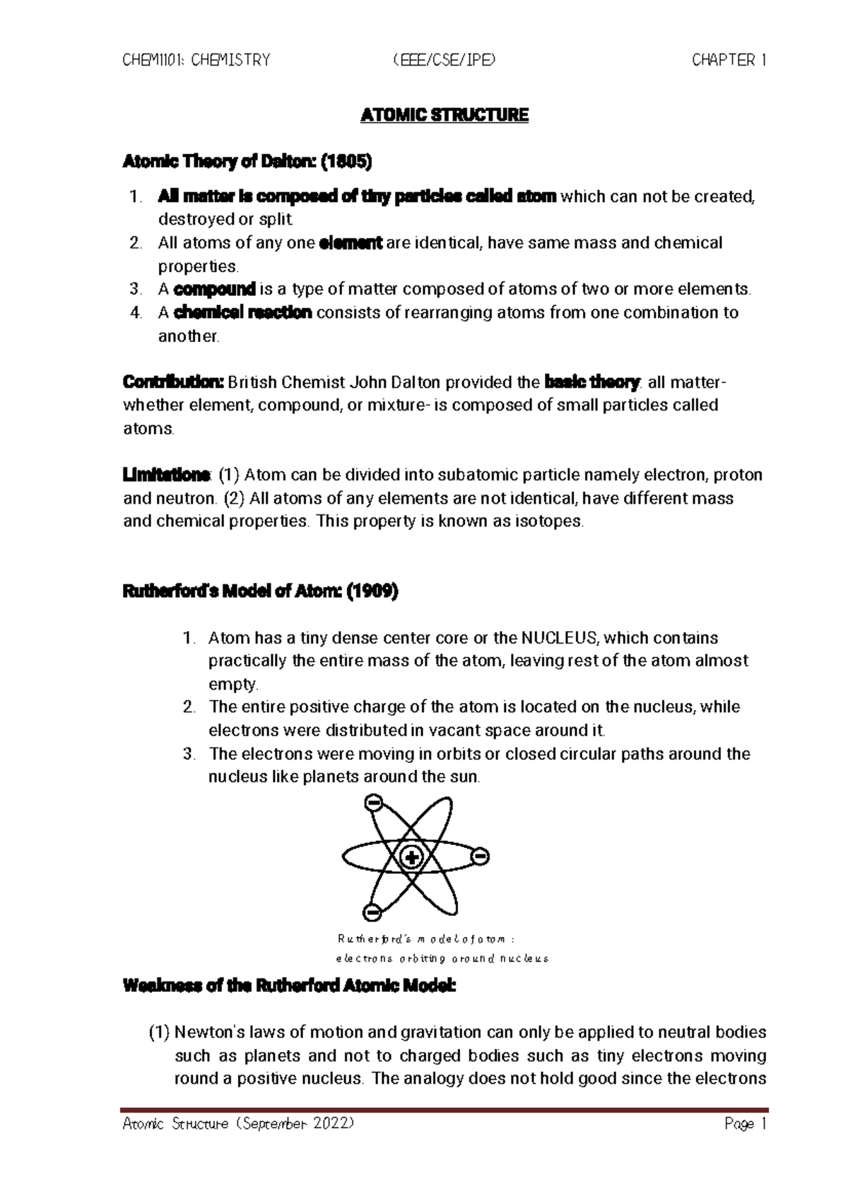 Atomic Structure - ATOMIC STRUCTURE Atomic Theory of Dalton: (1805) 1 ...