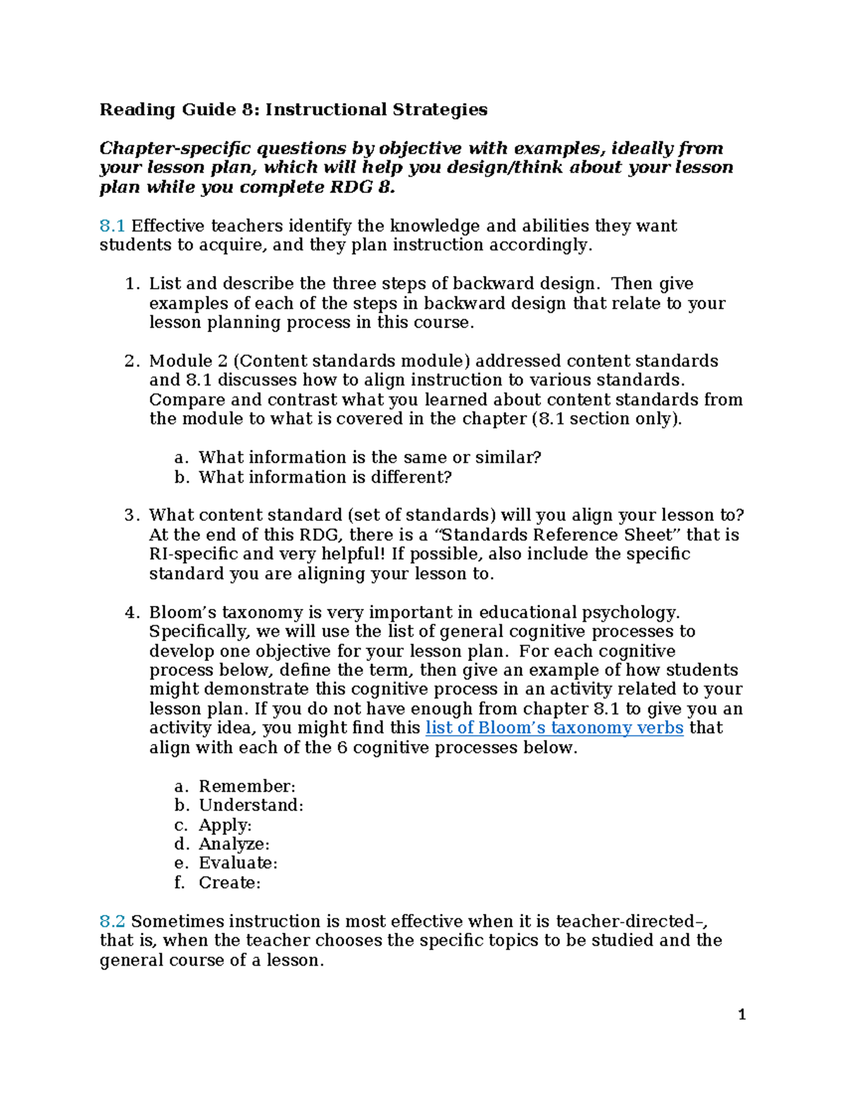 EDC 312 RDG8 - Chapter 8 - Homework - Reading Guide 8: Instructional Strategies Chapter-specific ...