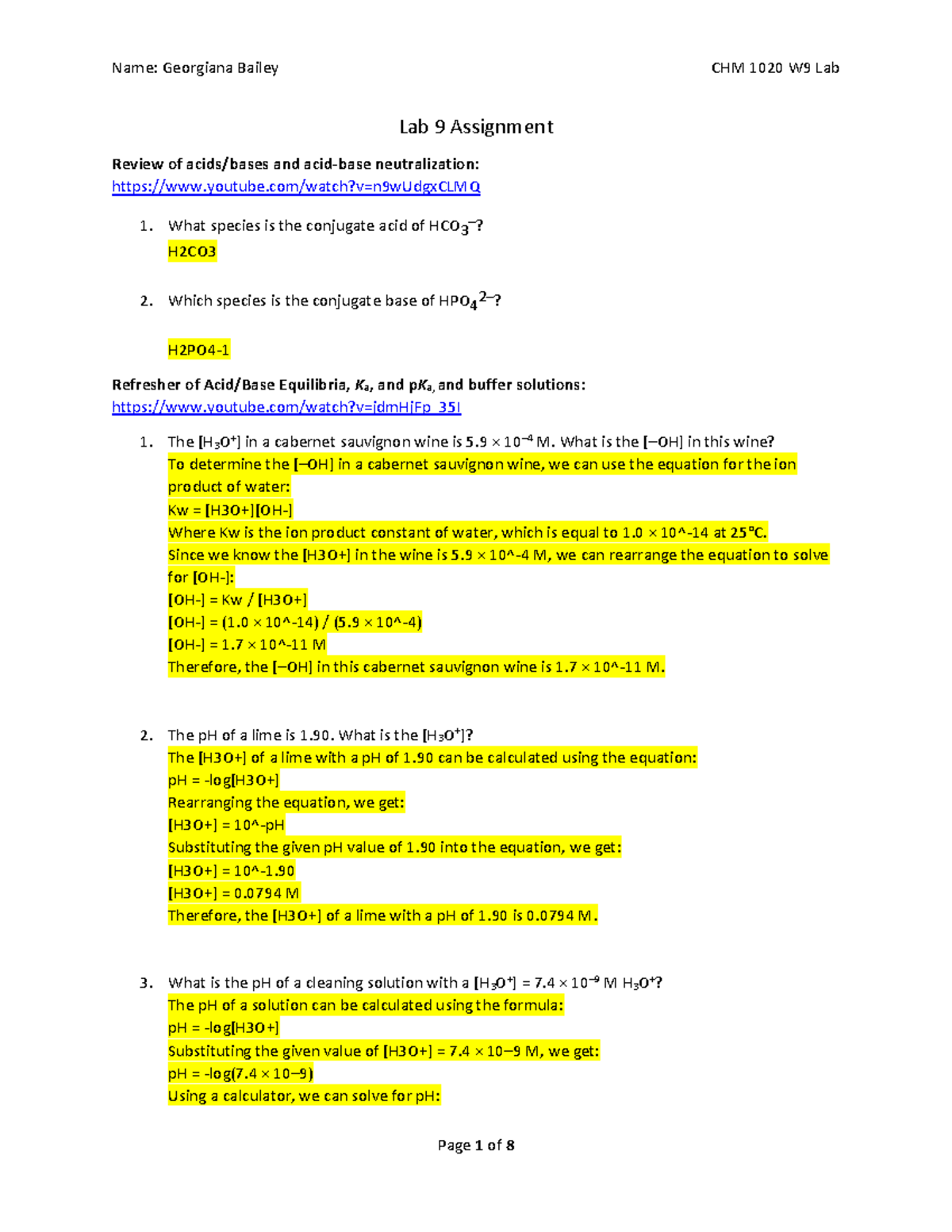 Chm1020 w9 lab assignment - Review of acids/bases and acid-base neutralization - Studocu