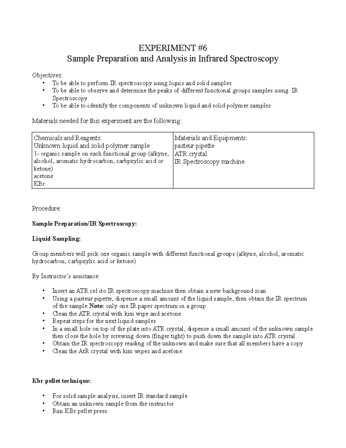 3 AI Prelab exp 6 IR - EXPERIMENT Sample Preparation and Analysis in ...