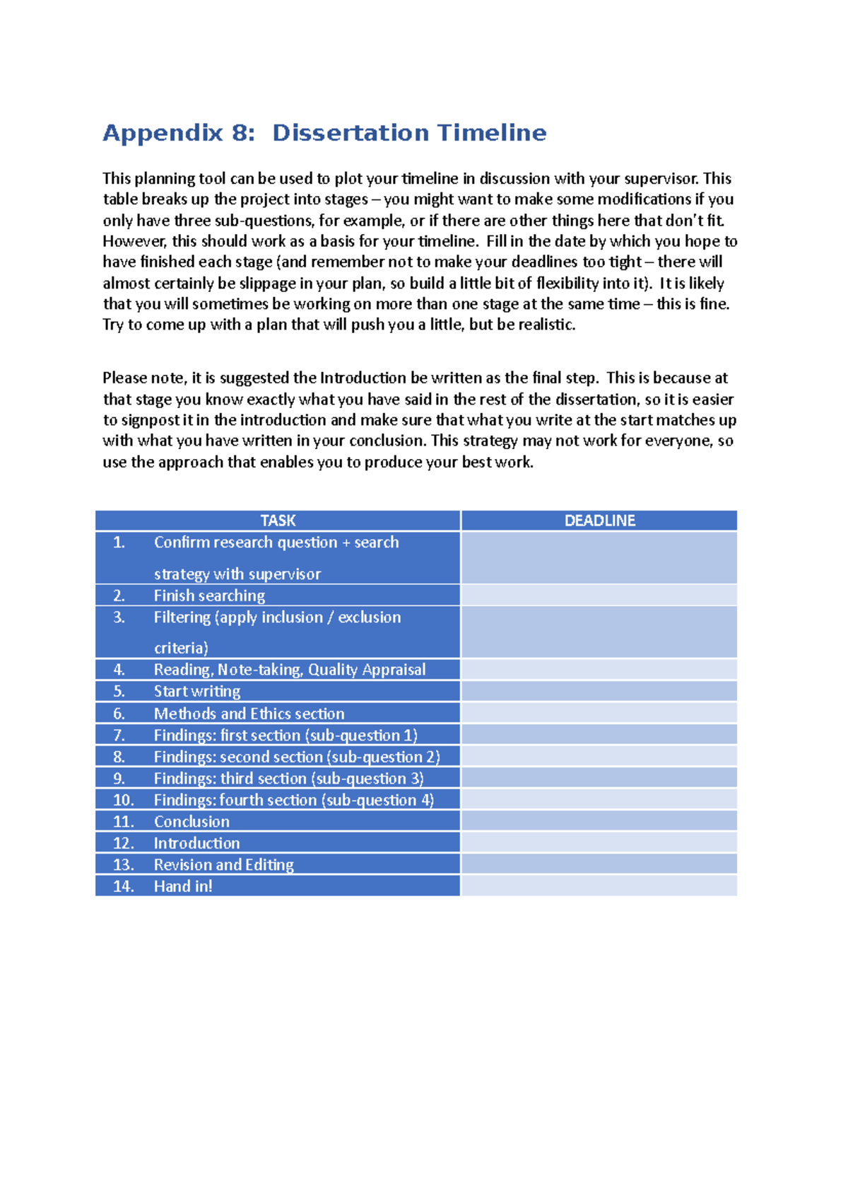 Dissertation Timelines - This table breaks up the project into stages ...