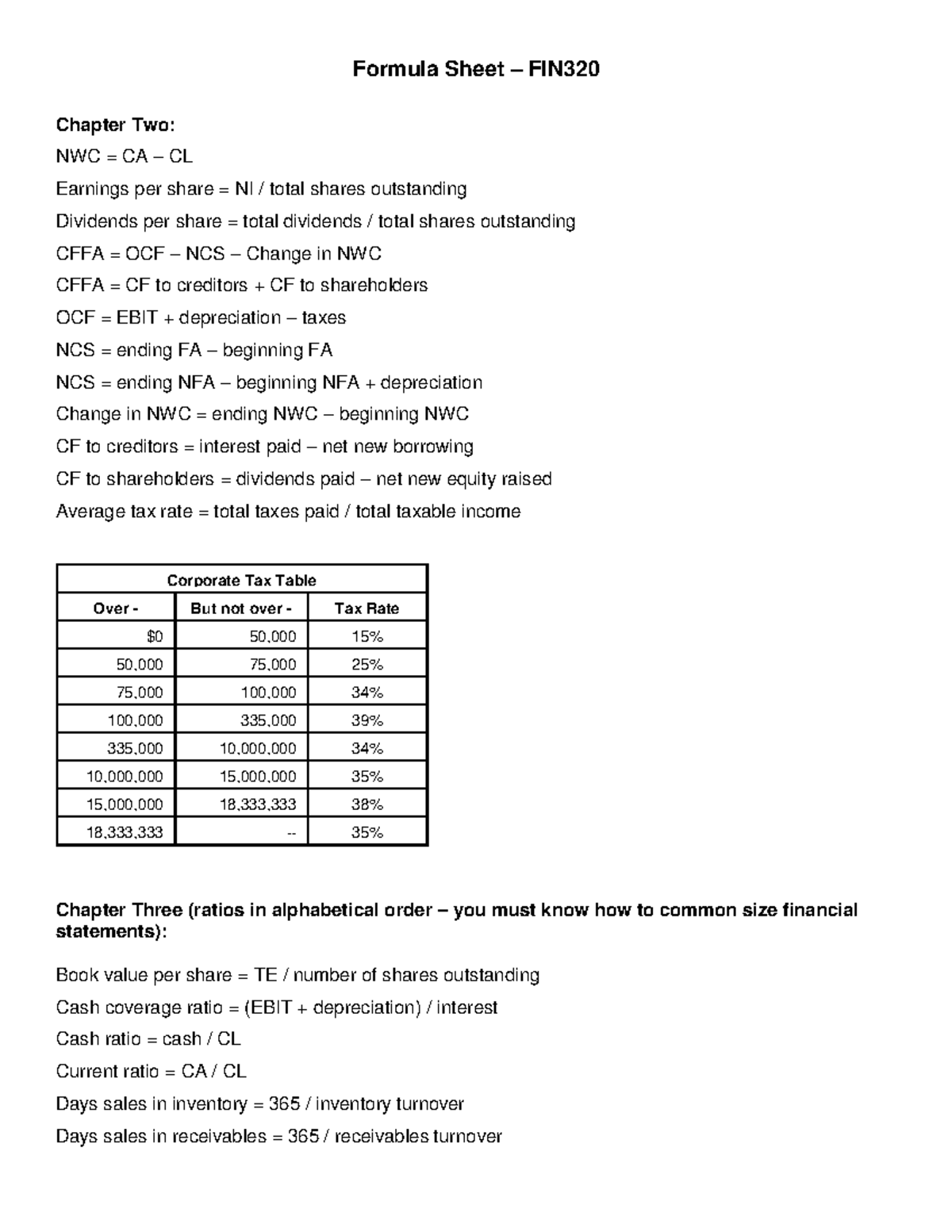 Formula sheet - .. + RT) / T Geometric Average Return = (1 + R 1 ) x (1 ...