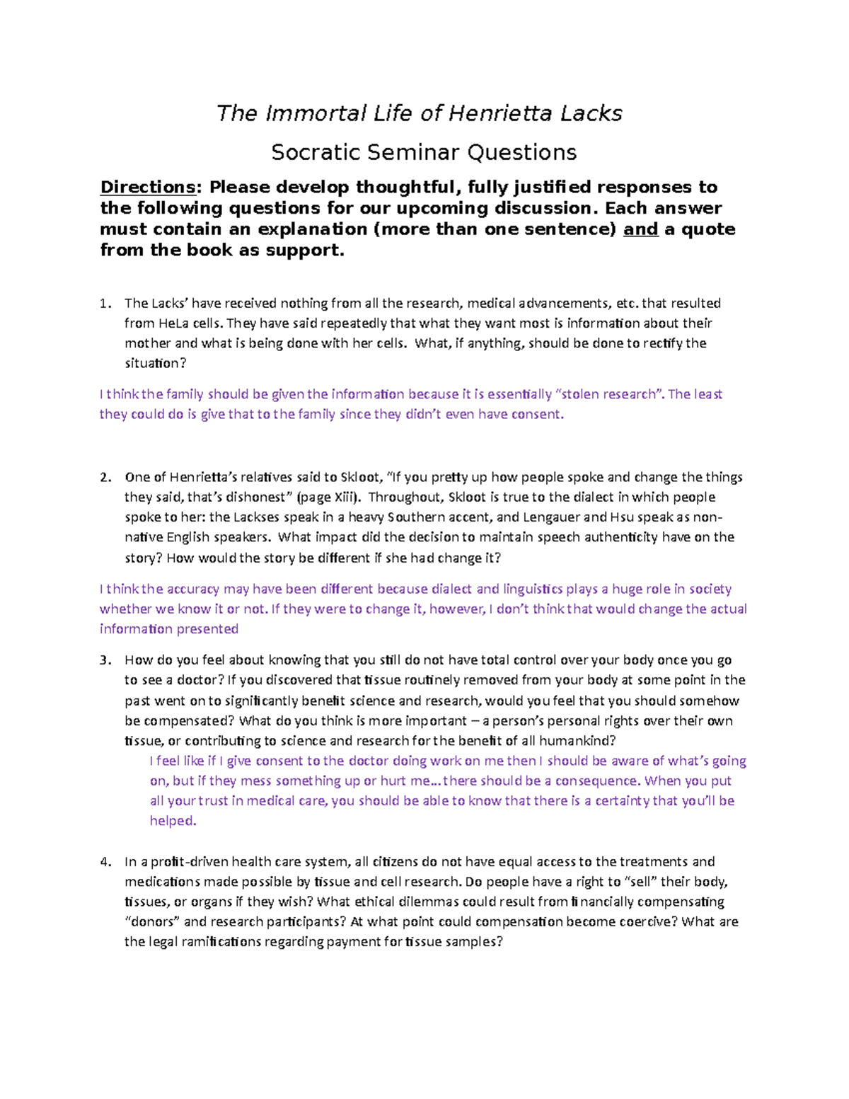 Socratic Seminar Questions - Lacks 20-21 - The Immortal Life of ...