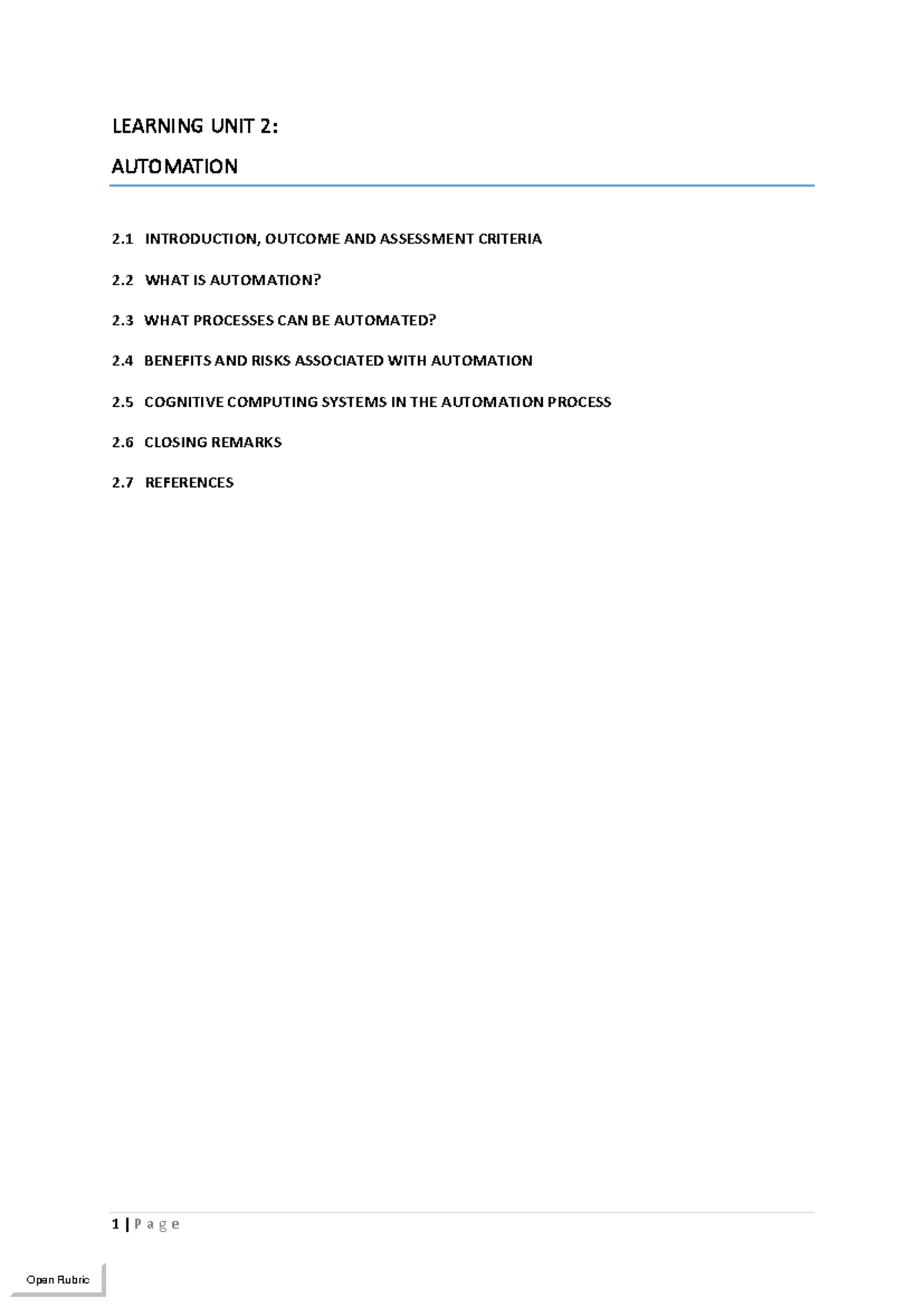 AIN3701 B0 LS04 002 14022024 - LEARNING UNIT 2 : AUTOMATION 2 INTRODUCTION, OUTCOME AND ...