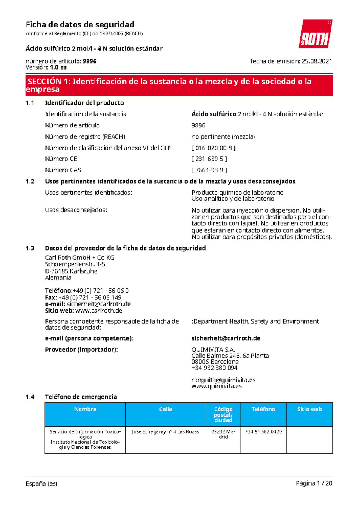 Ac - Hoja de seguridad del Ac.ido - SECCIÓN 1: Identificación de la ...