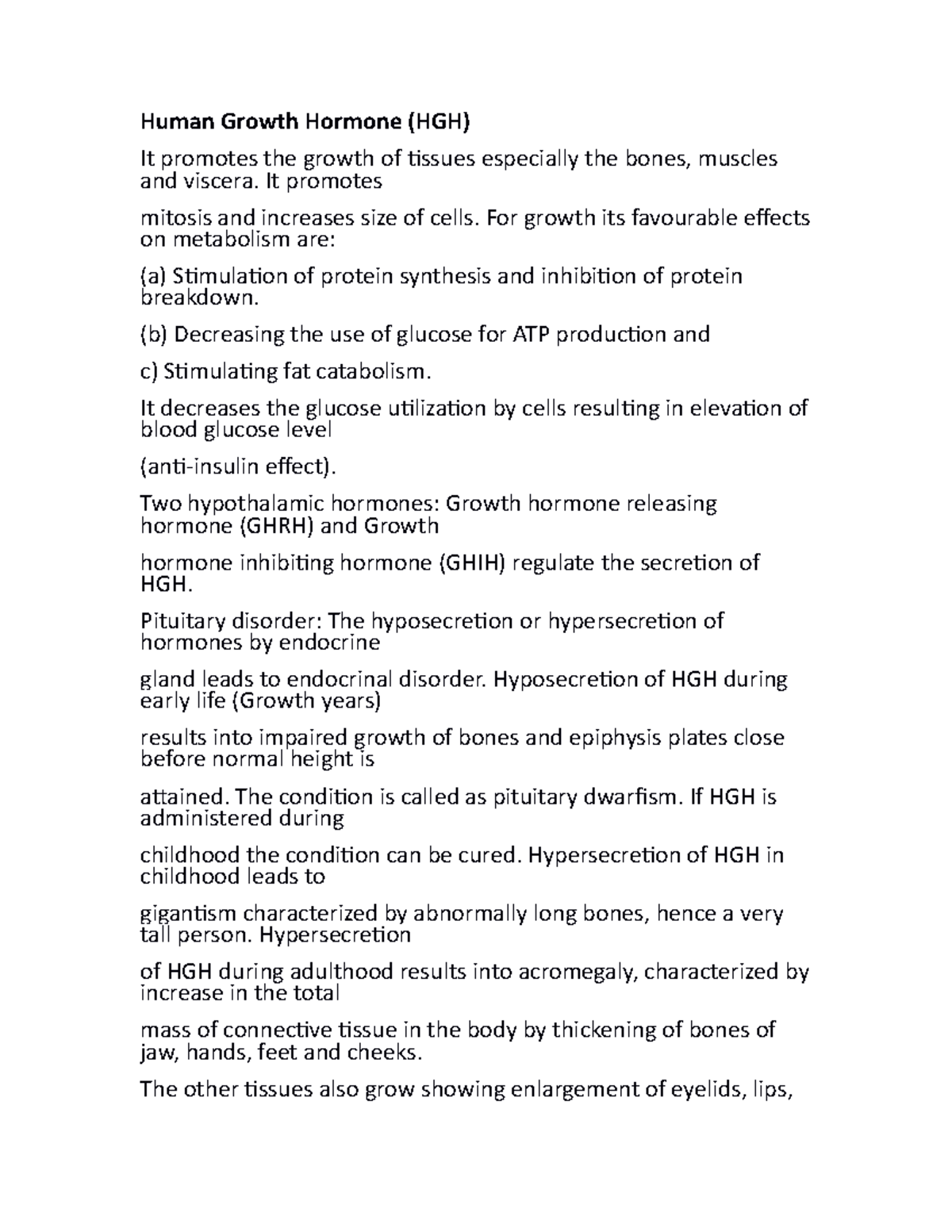 Human Growth Hormone (HGH) notes - Human Growth Hormone (HGH) It ...