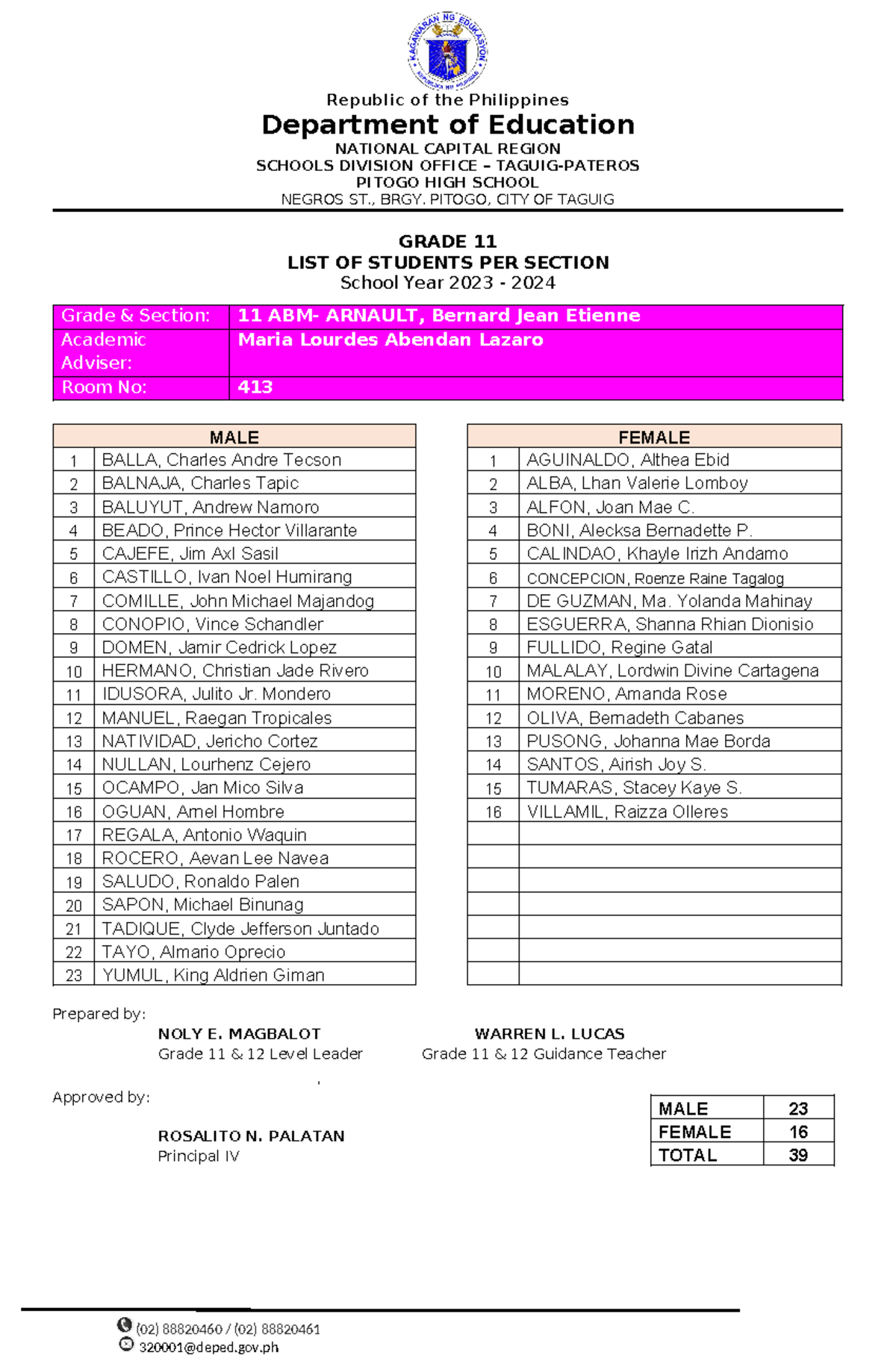 Final LIST OF Grade 11 Students PER Section - (02) 88820460 / (02 ...