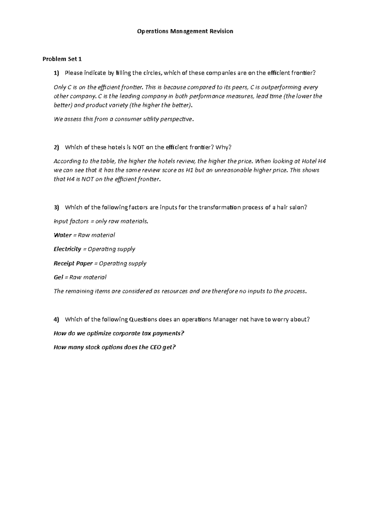 General Revision - Operations Management Revision Problem Set 1 1 ...