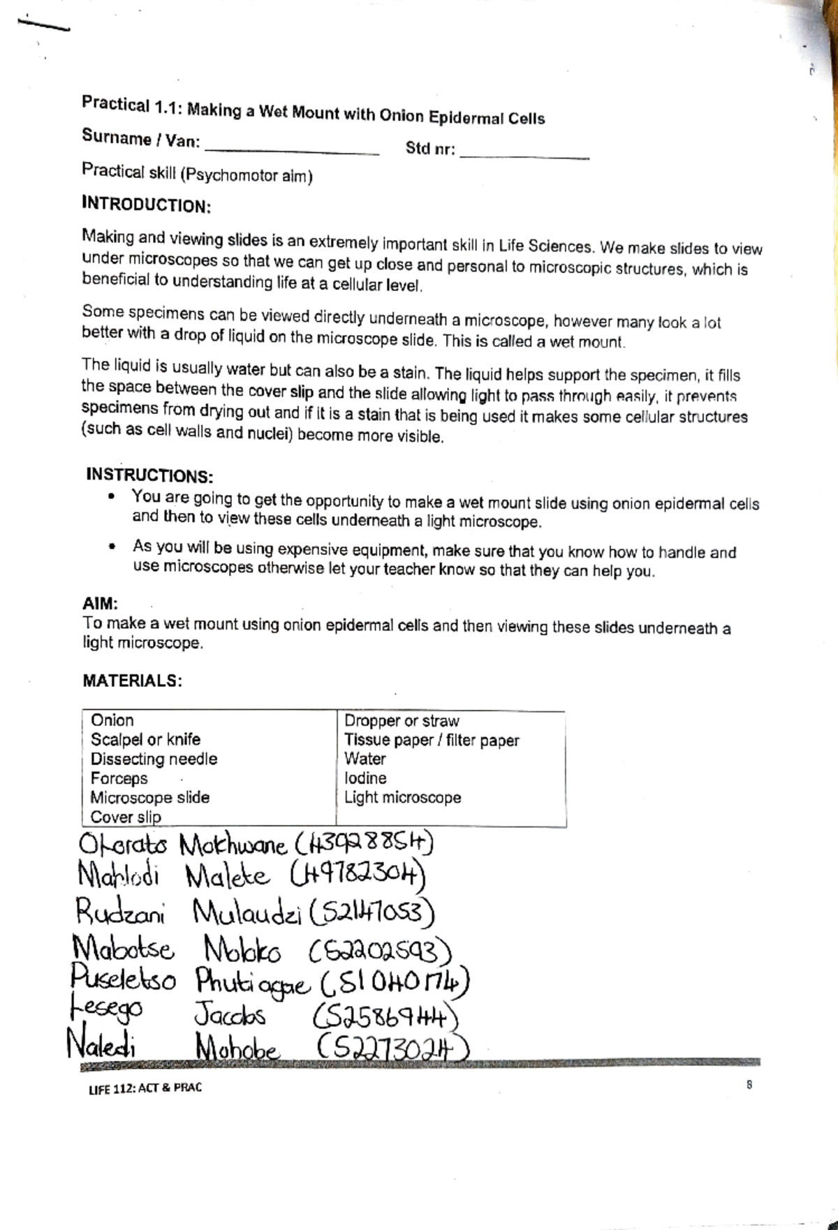 LIFE 112 Practical 1 - Summary Life Sciences For Education ...