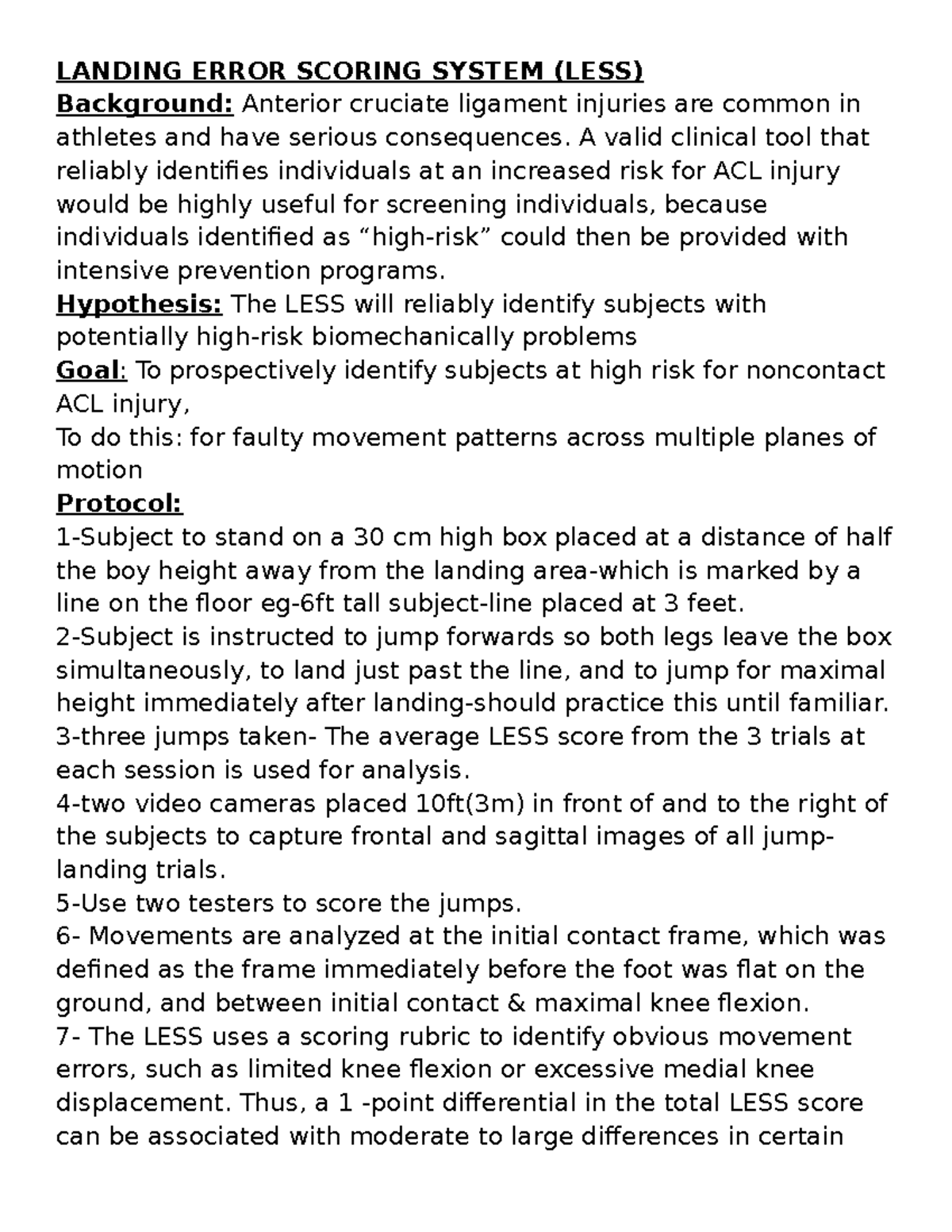 LESS Protocol - LANDING ERROR SCORING SYSTEM (LESS) Background ...