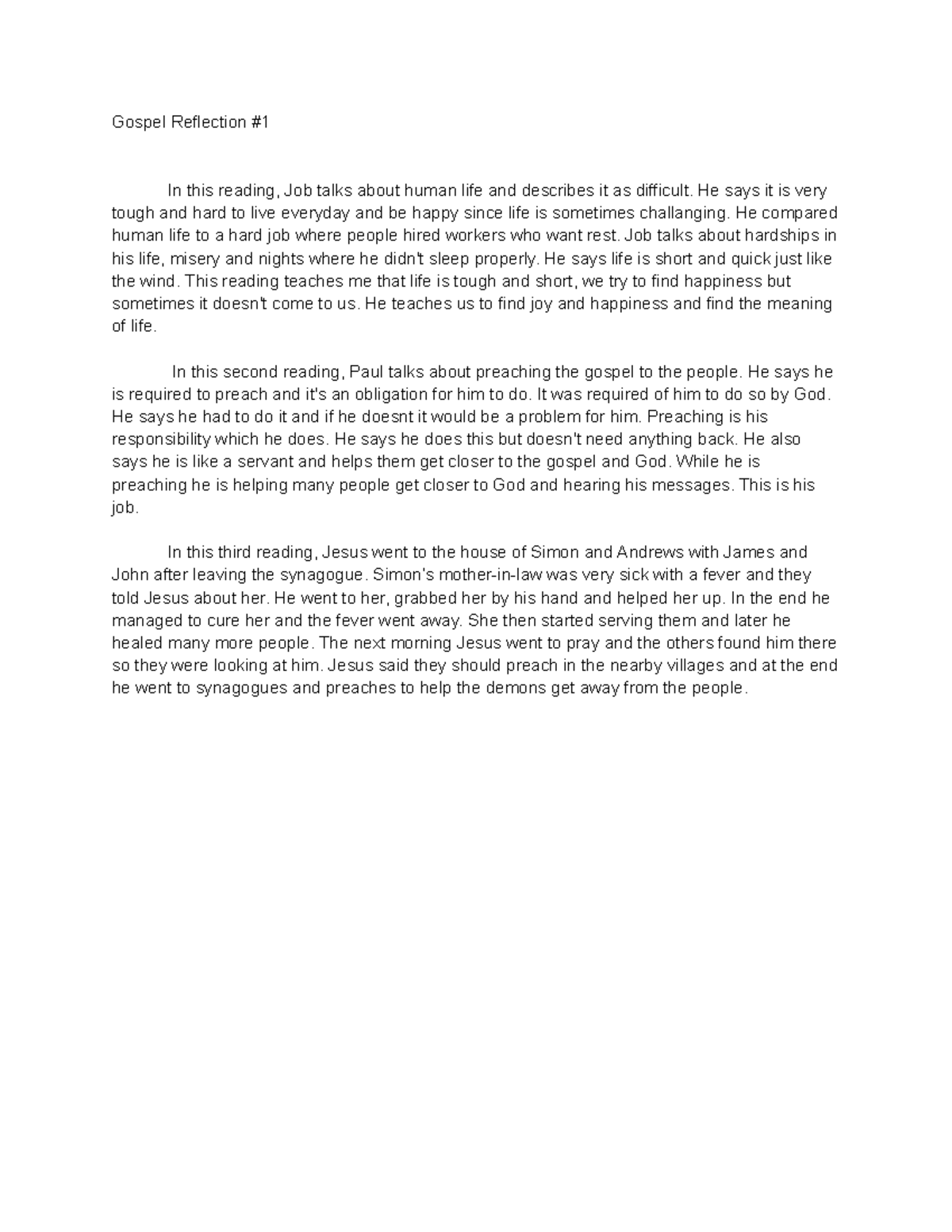 Gospel Reflection #1 - gespe - Gospel Reflection # In this reading, Job ...