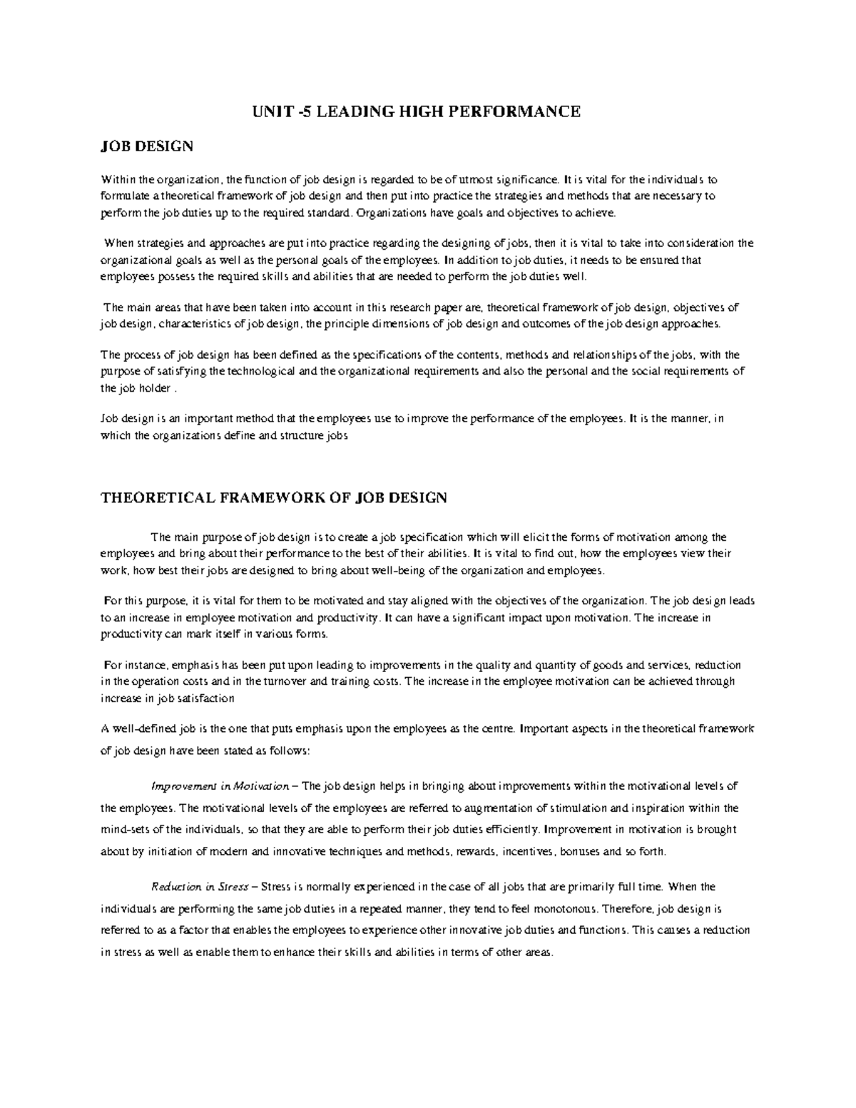 OB UNIT 5 PDF - UNIT - 5 LEADING HIGH PERFORMANCE JOB DESIGN Within the ...