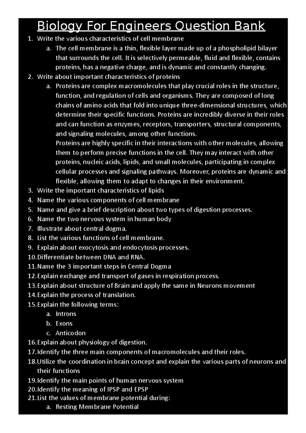 Biology For Engineers Question Bank - Biology For Engineers Question ...