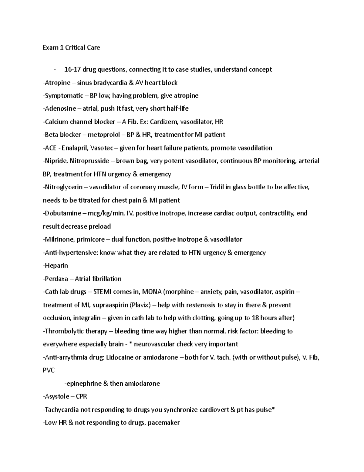 Critical Care Drug Questions for Exam 1 - Studocu