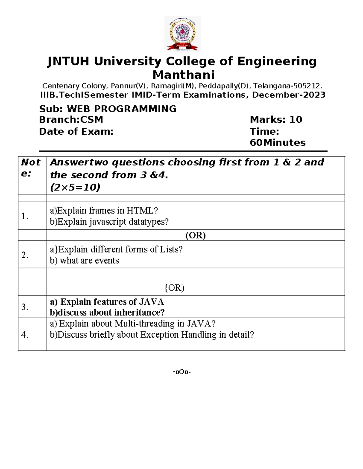 (WP)Descriptive Question Paper Format (1) - JNTUH University College of Engineering Manthani ...