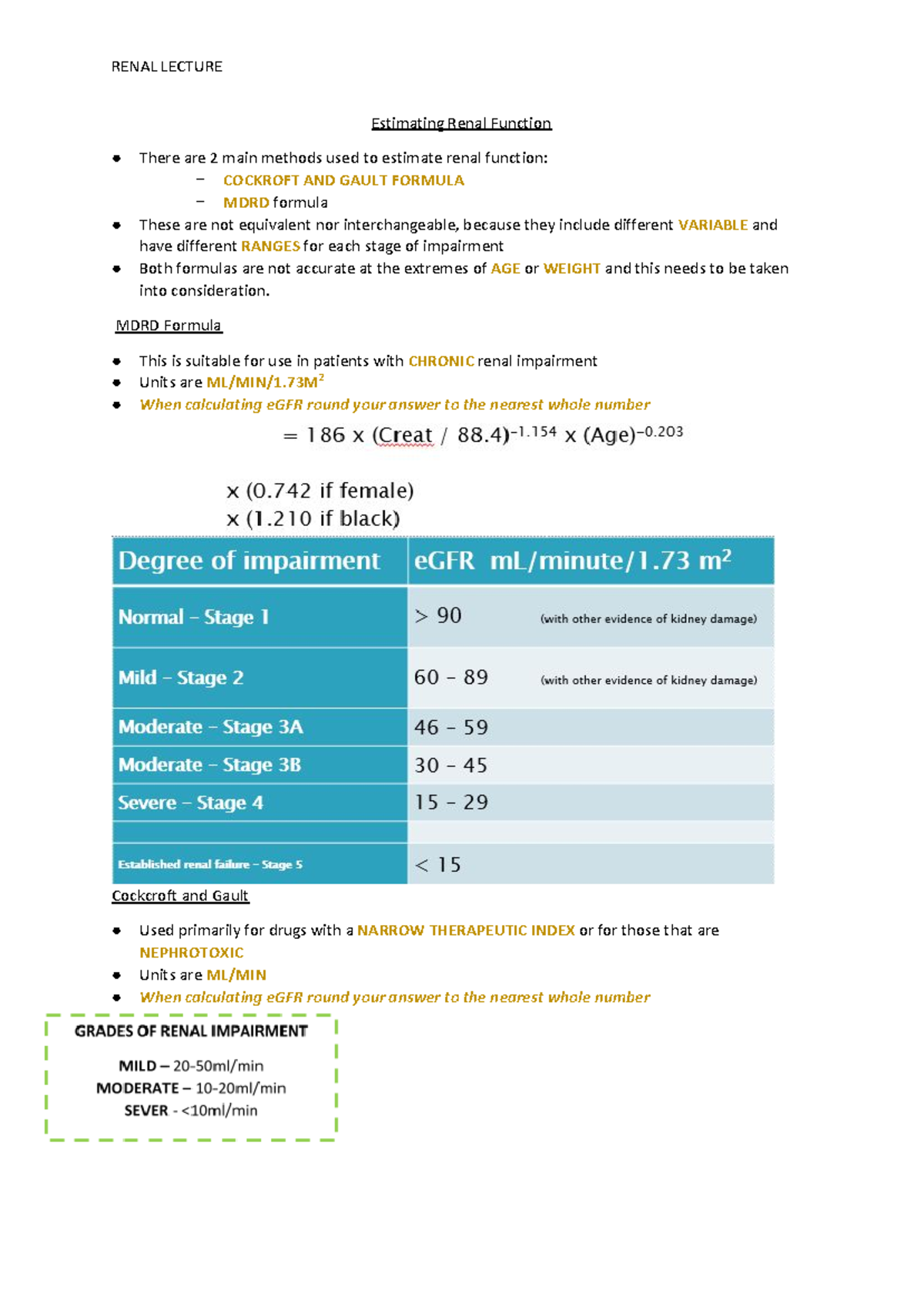 Renal Lecture I Calculating EGFR - RENAL LECTURE Estimating Renal ...
