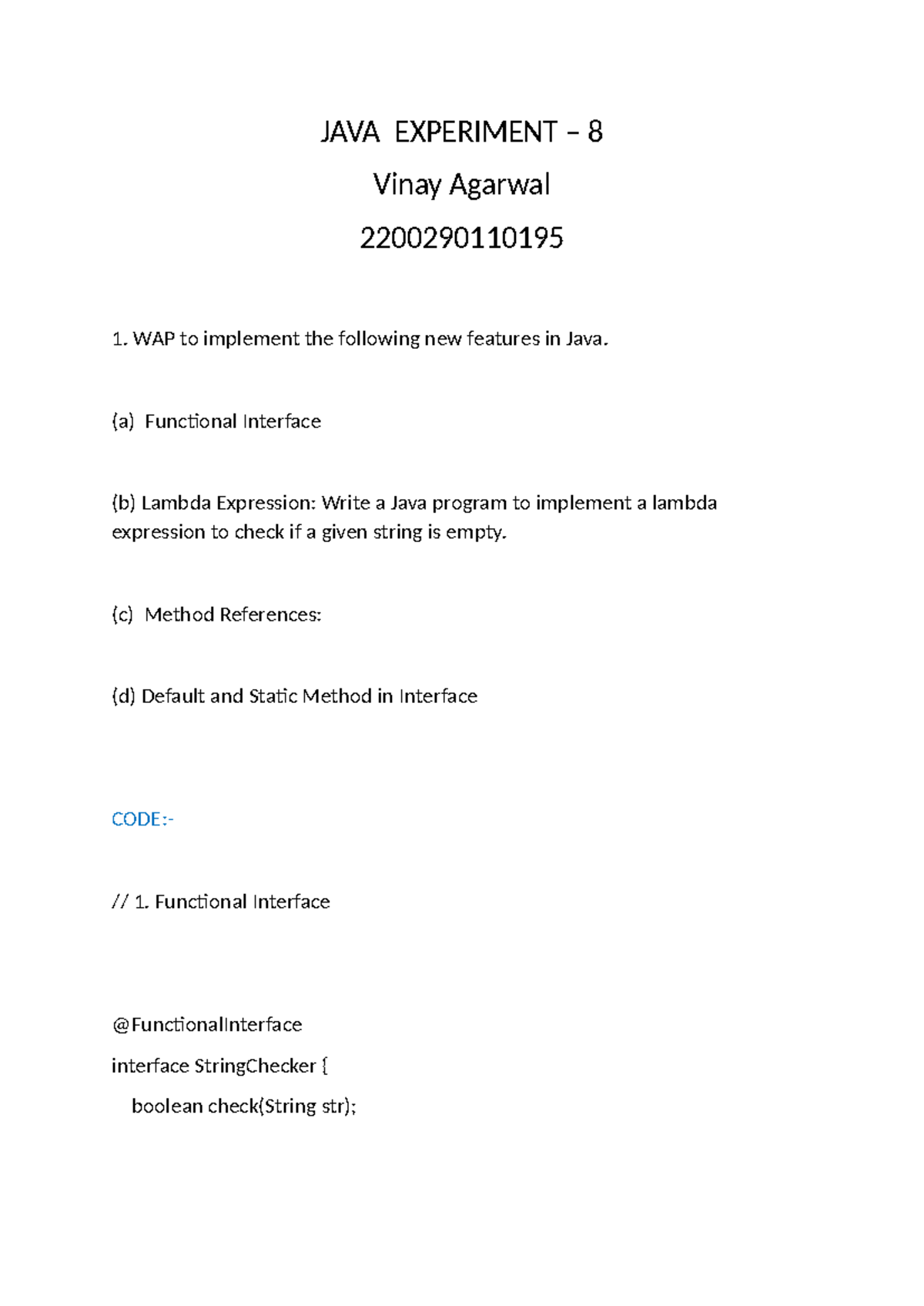 JAVA EXP8 Vinay Agarwal (22002 90110195) - JAVA EXPERIMENT – 8 Vinay Agarwal 2200290110195 WAP ...