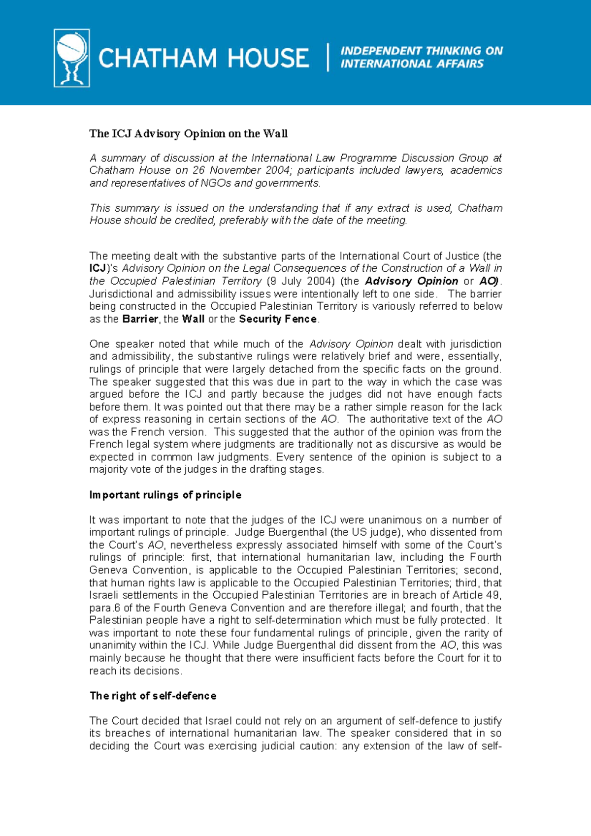 The ICJ Advisory Opinion on the Wall - This summary is issued on the ...