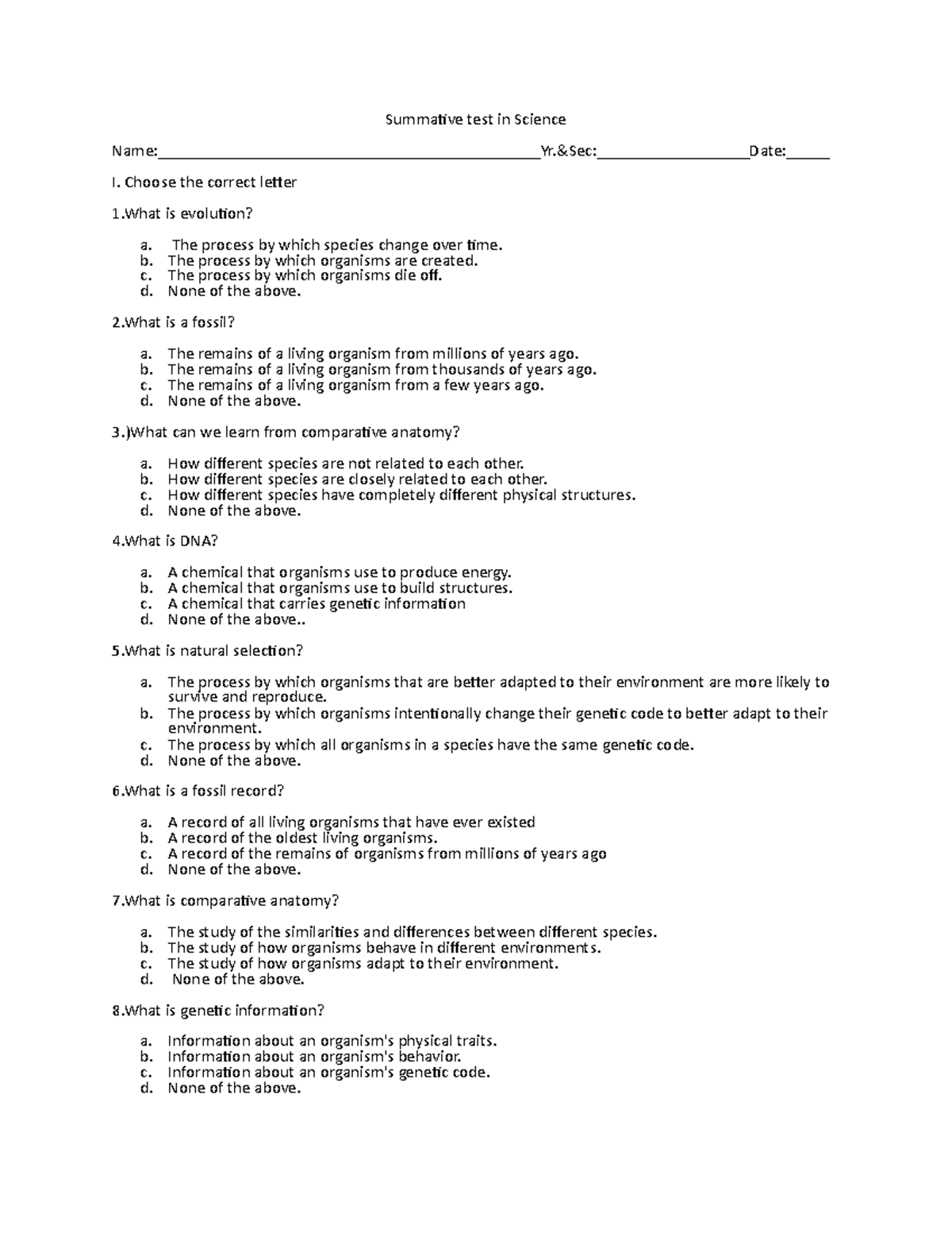 Summative - Currently Practice Teaching - Summative test in Science ...