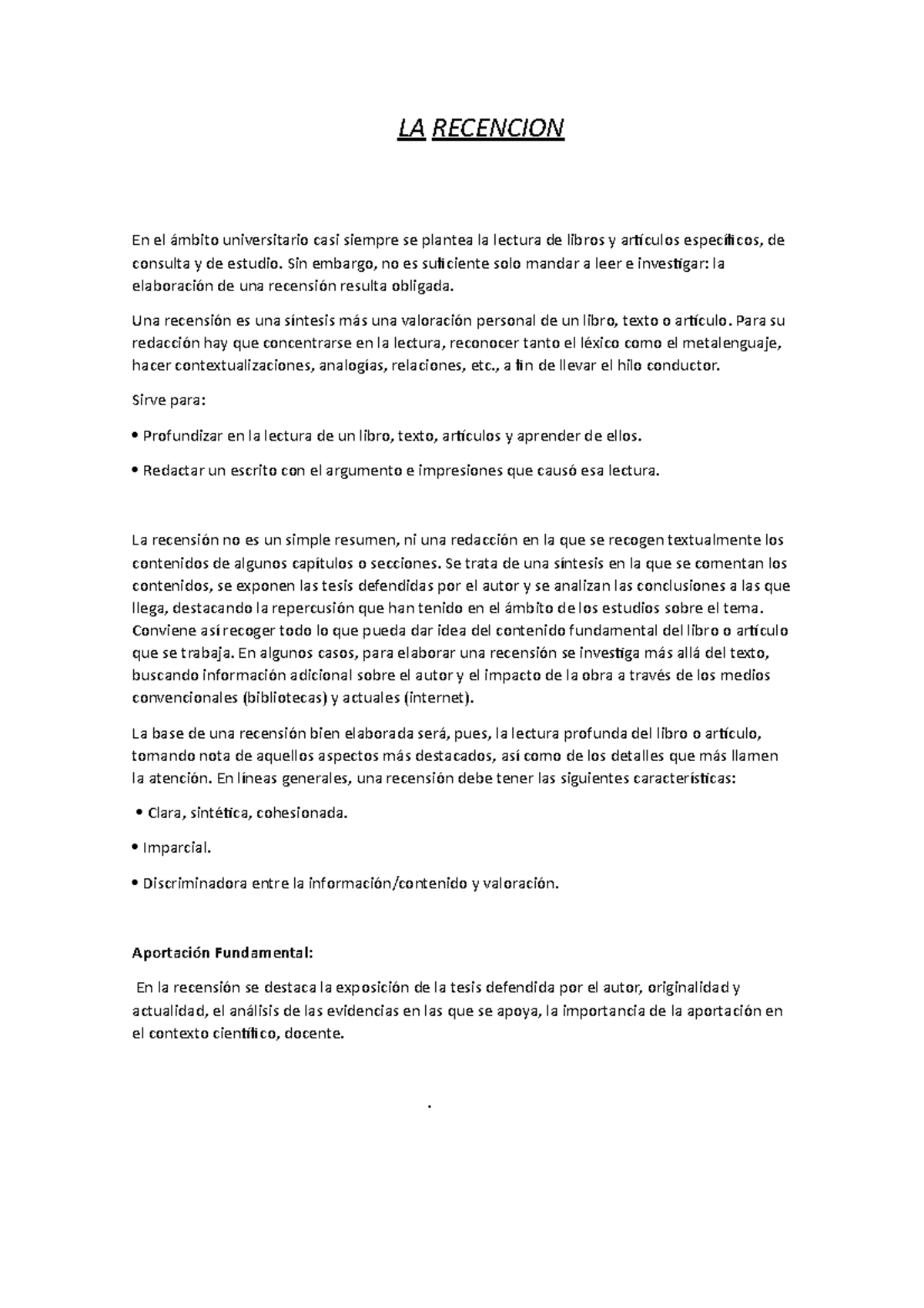 Trabajo DE LA Recencion WORD - LA RECENCION En el ámbito universitario ...